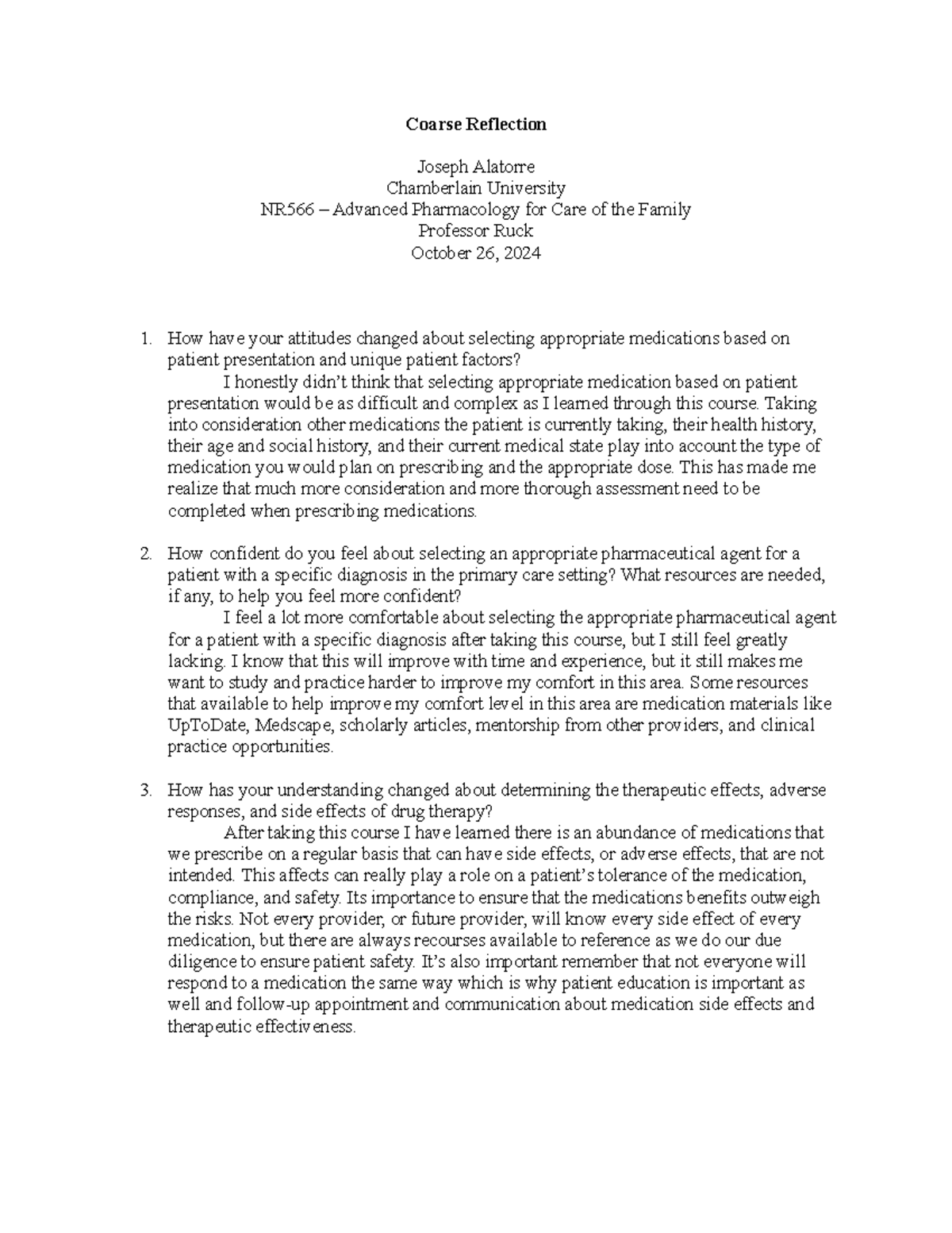 NR566 Wk 8 Reflection - n/a - Coarse Reflection Joseph Alatorre Chamberlain University NR566 ...