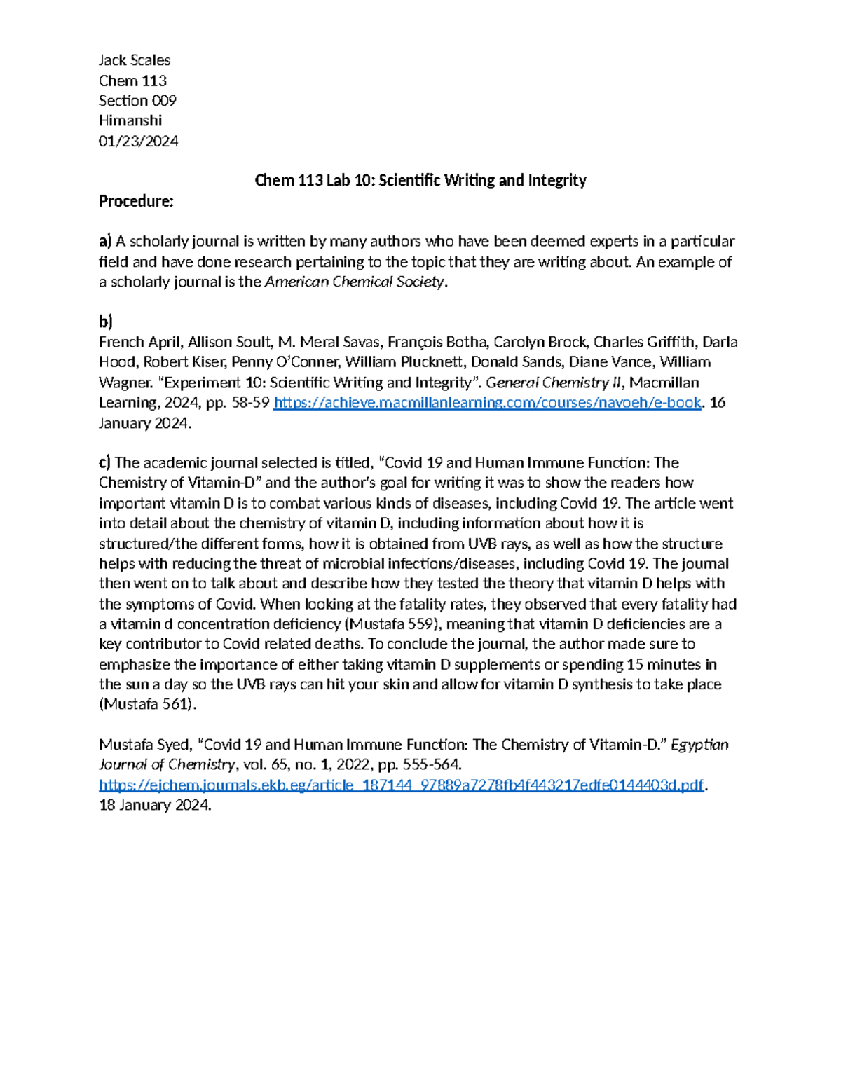 Chem 113 lab 10 - Chem 113 Section 009 Himanshi 01/23/ Chem 113 Lab 10 ...