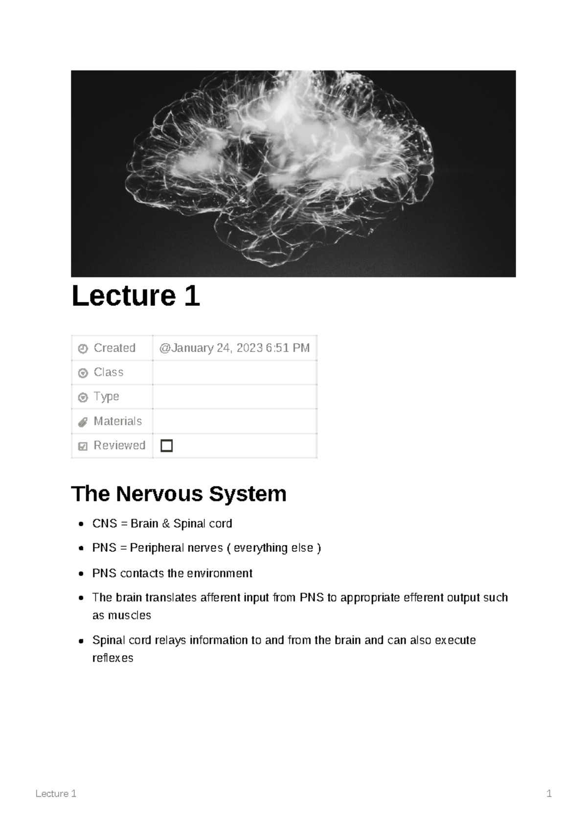NEUR 20050 Lecture 1 - Lecture 1 Created Class Type Materials Reviewed The Nervous System CNS ...