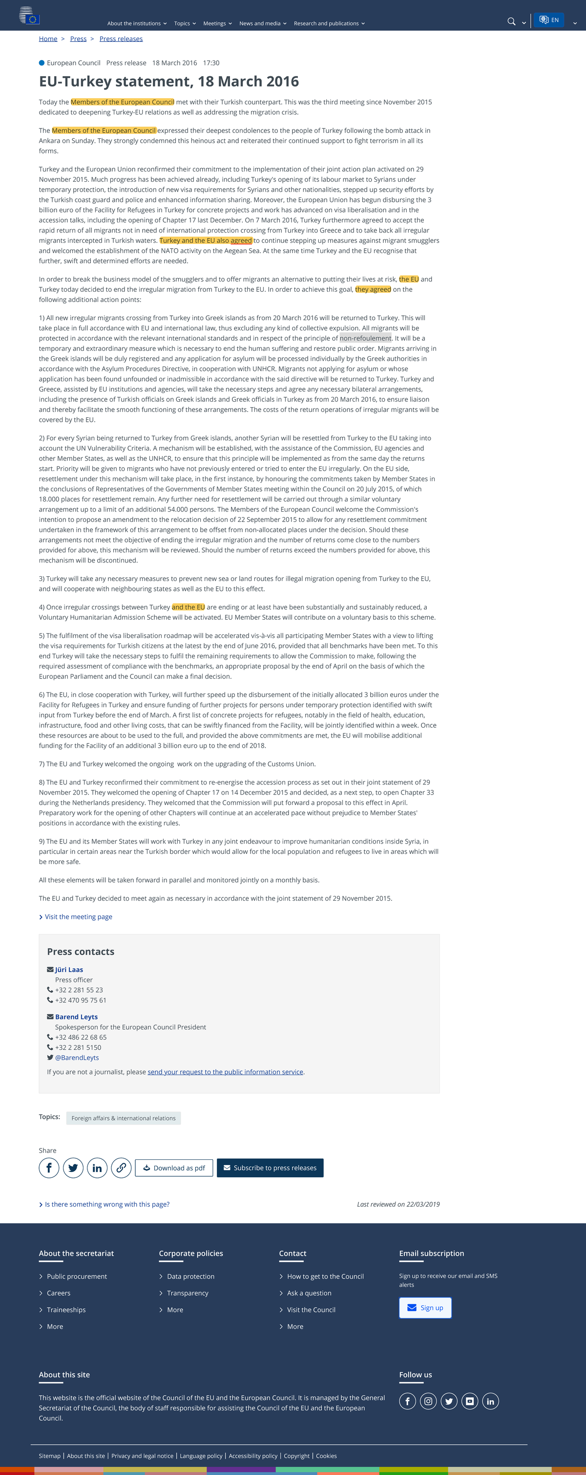 EU-Turkey statement, 18 March 2016 - Consilium - Home > Press > Press ...