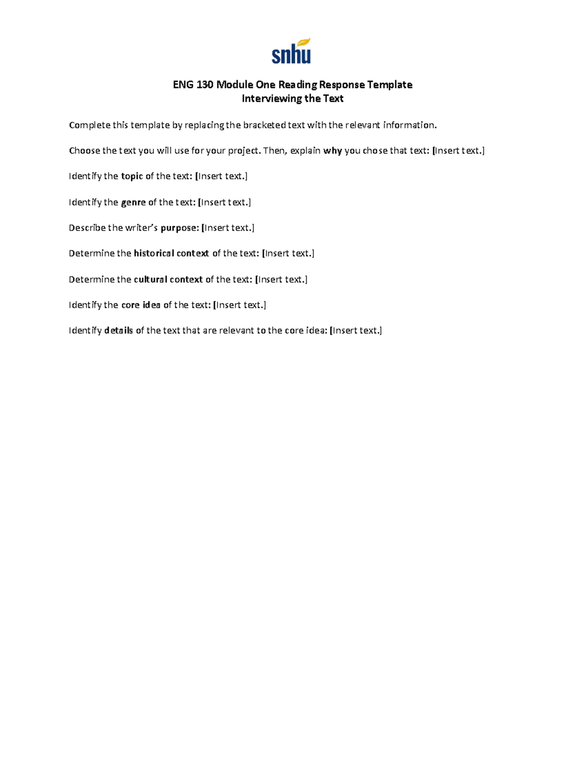 Module 1 week 1 - done - ENG 130 Module One Reading Response Template ...