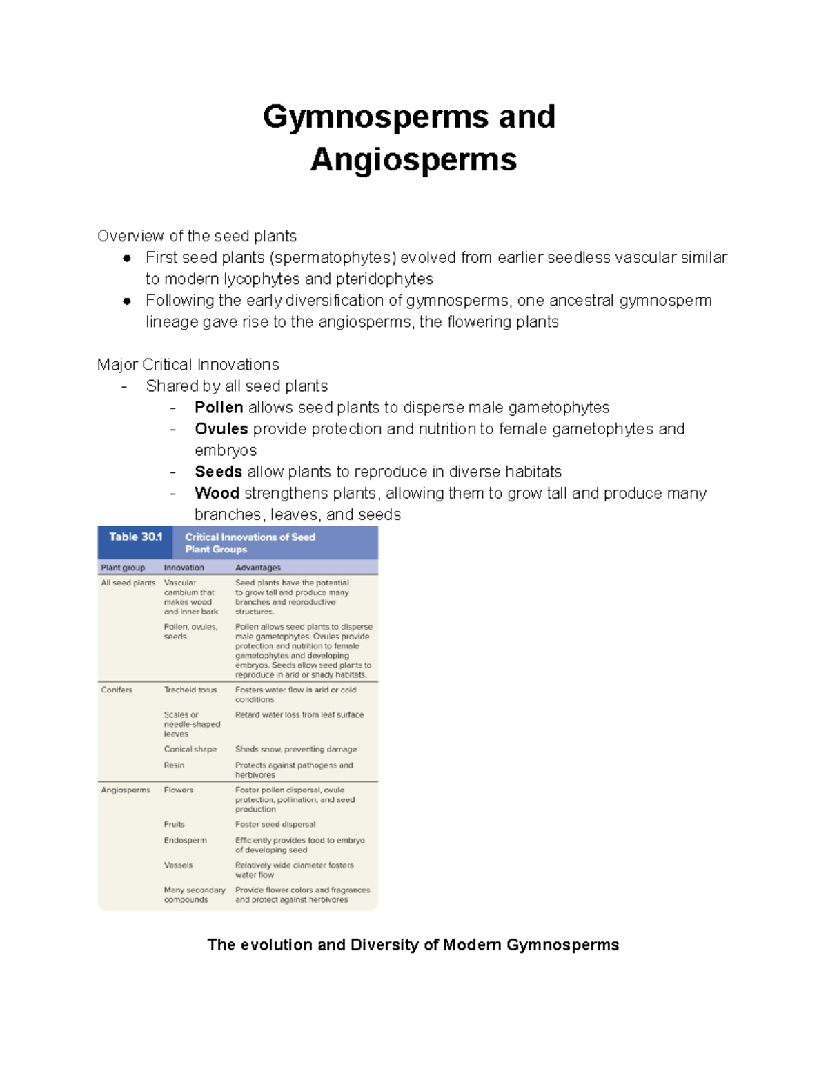 Chapter 30 - LECTURE NOTES - Gymnosperms and Angiosperms Overview of ...