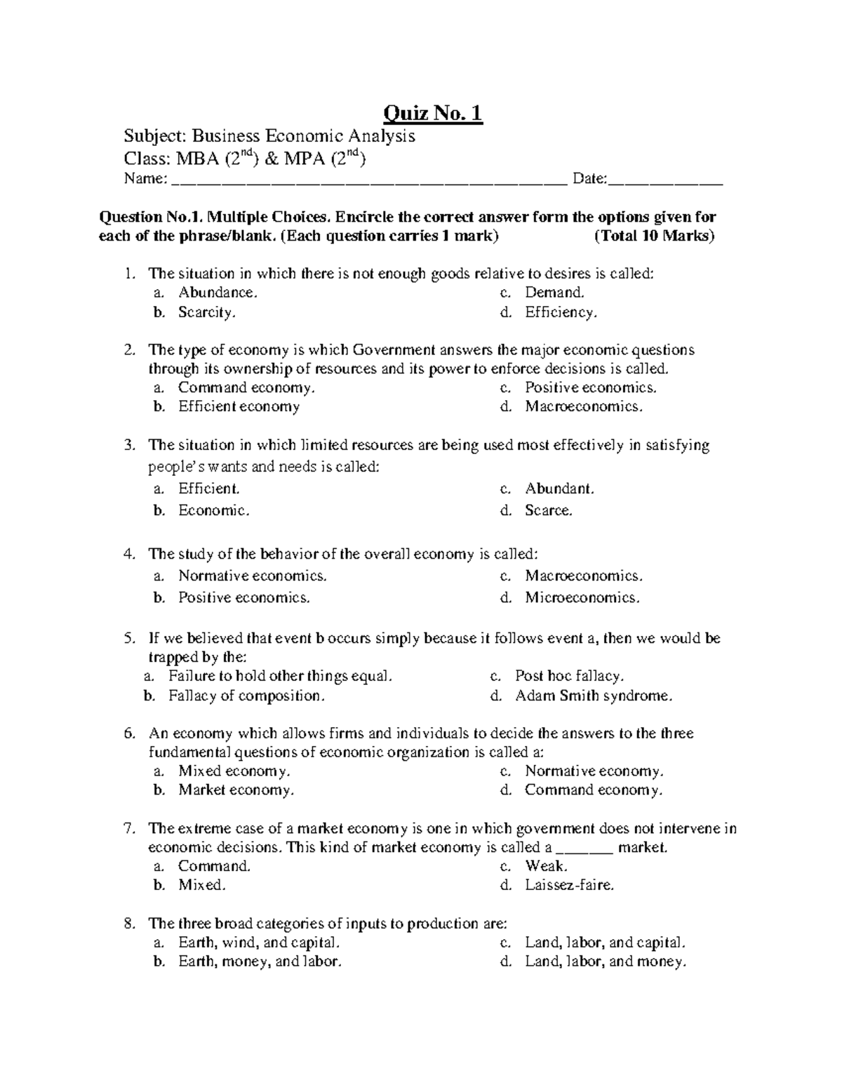 93018022 Multiple Choice Questions - Quiz No. 1 Subject: Business ...