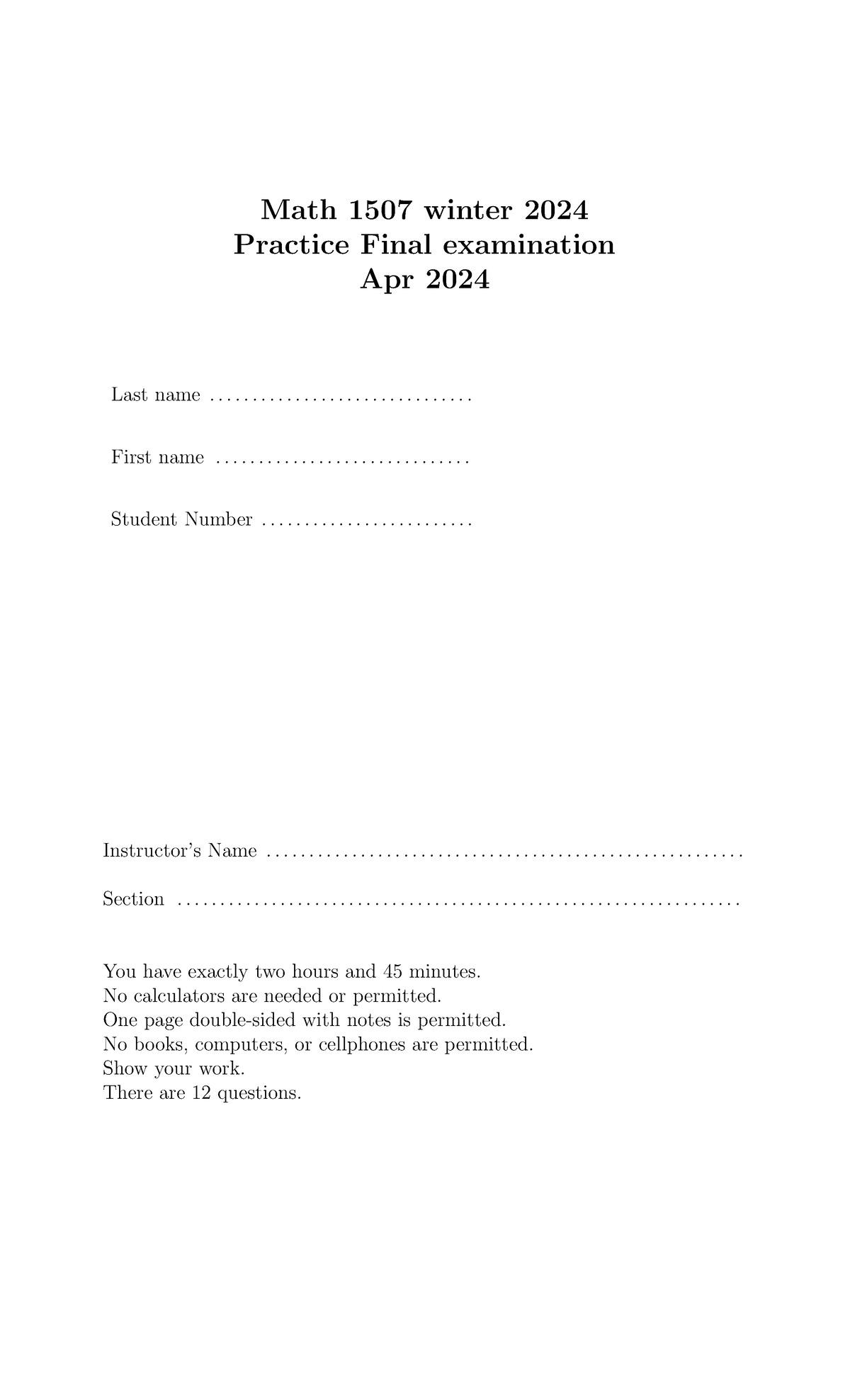 Practice final exam winter 2024 Math 1507 - Math 1507 winter 2024 ...