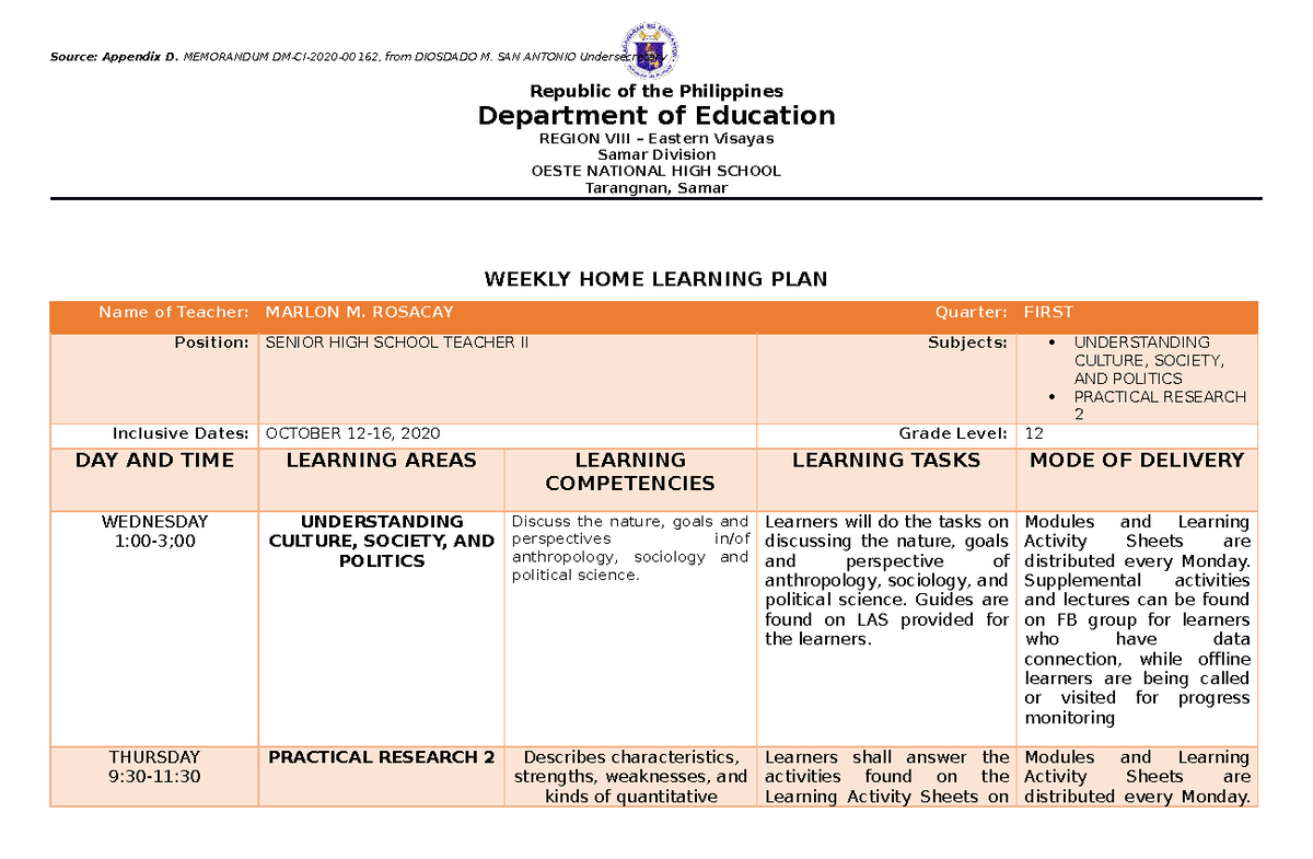 Weekly Home Learning Plan - Republic of the Philippines Department of ...