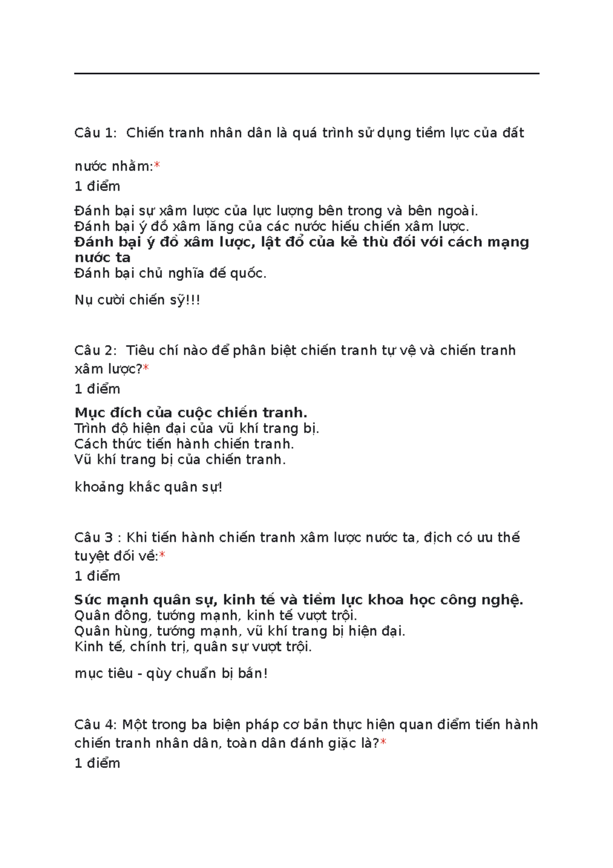 Bài 4 - ewfef - Câu 1: Chiến tranh nhân dân là quá trình sử dụng tiềm ...