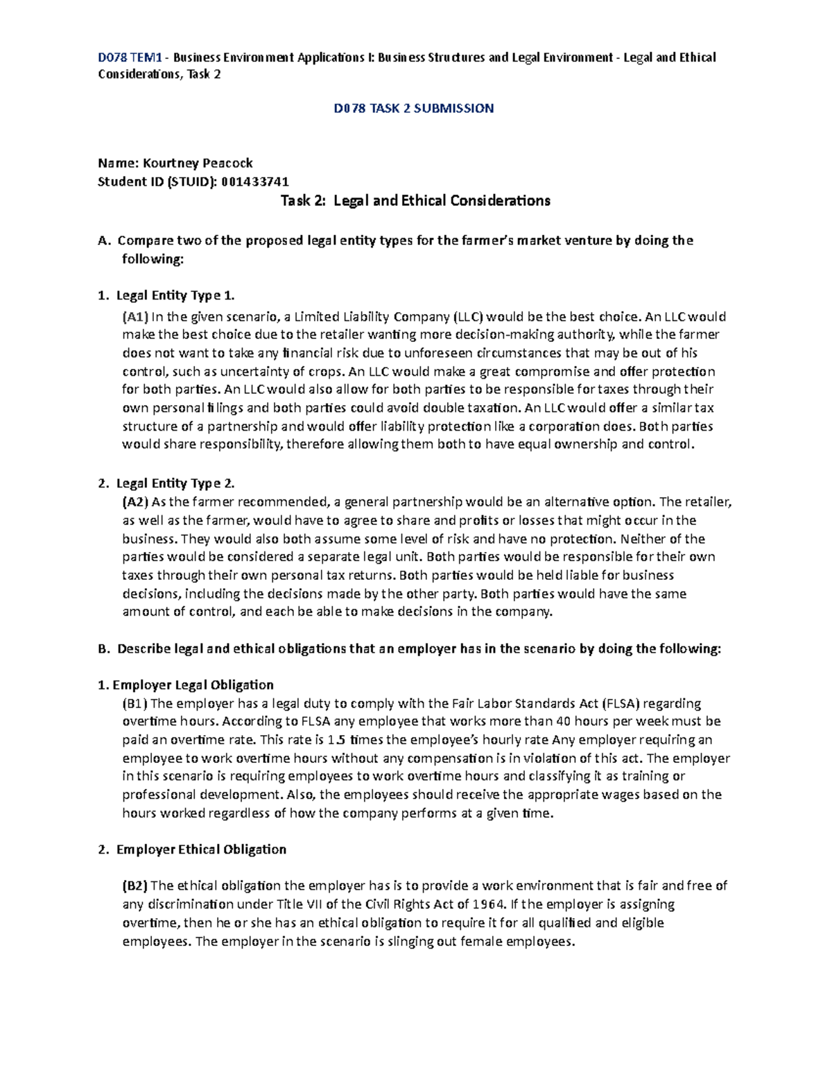 D078 Task 2 Kourtney Peacock - D078 TEM1 - Business Environment ...