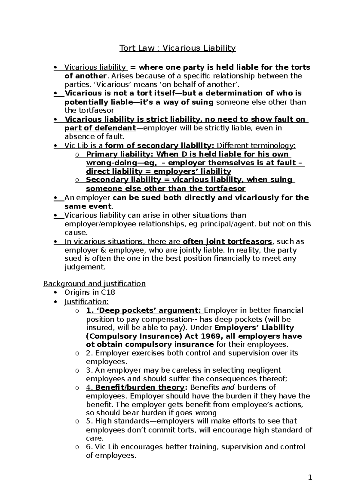 Vicarious Liability sample notes - Tort Law : Vicarious Liability ...
