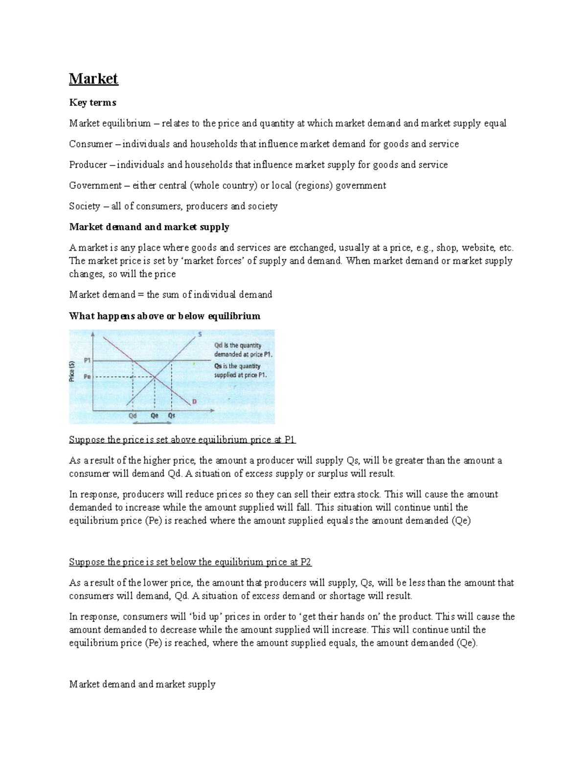 Economics - the market - level 1 - Market Key terms Market equilibrium ...