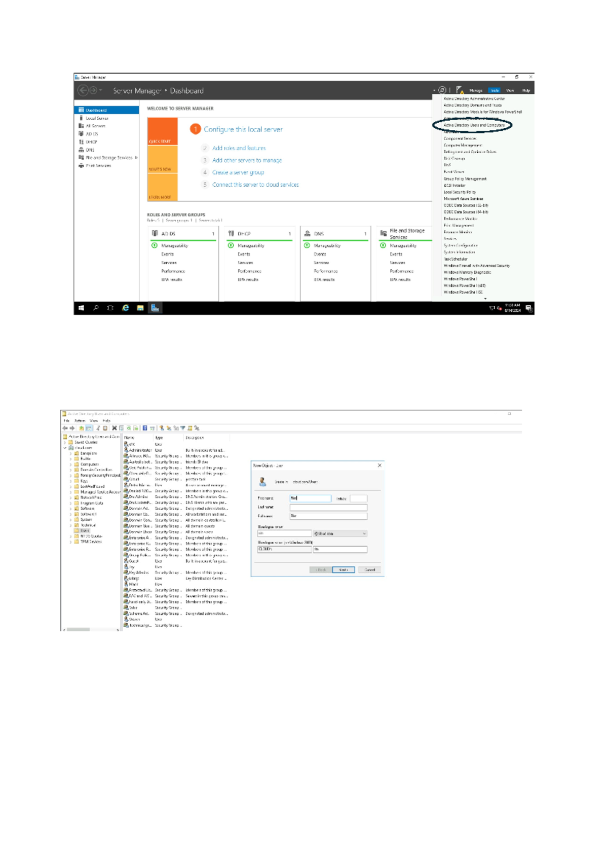 Mock Test Q2 - Create two users . . - Server Manager X Server Manager ...