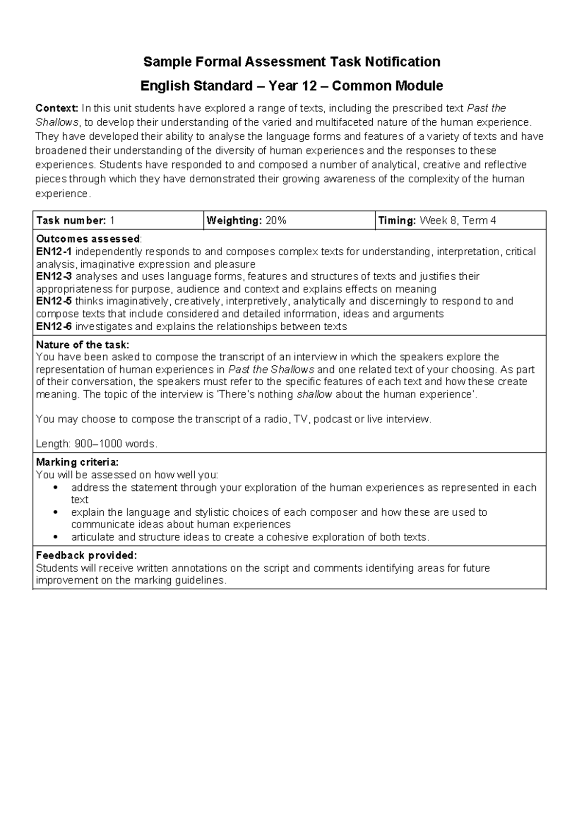 Assessment task standard year 12 common module past the shallows ...