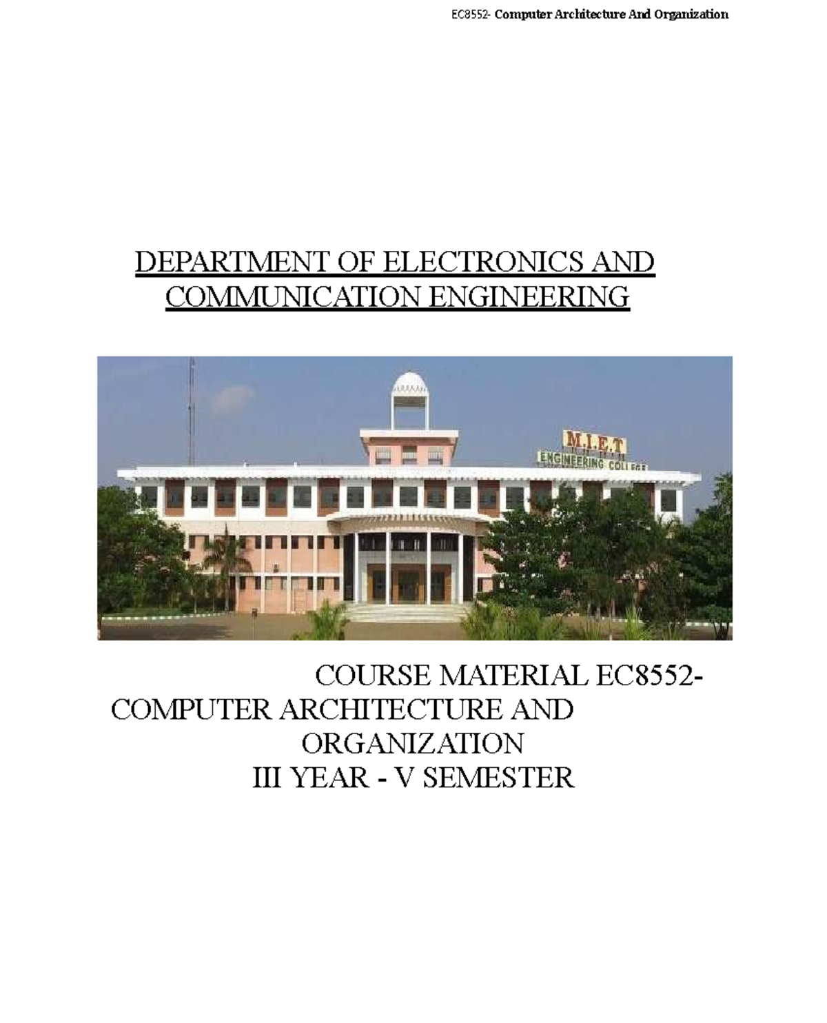 cadgfjfjhfhfhghjghjg - EC8552- Computer Architecture And Organization DEPARTMENT OF ELECTRONICS ...
