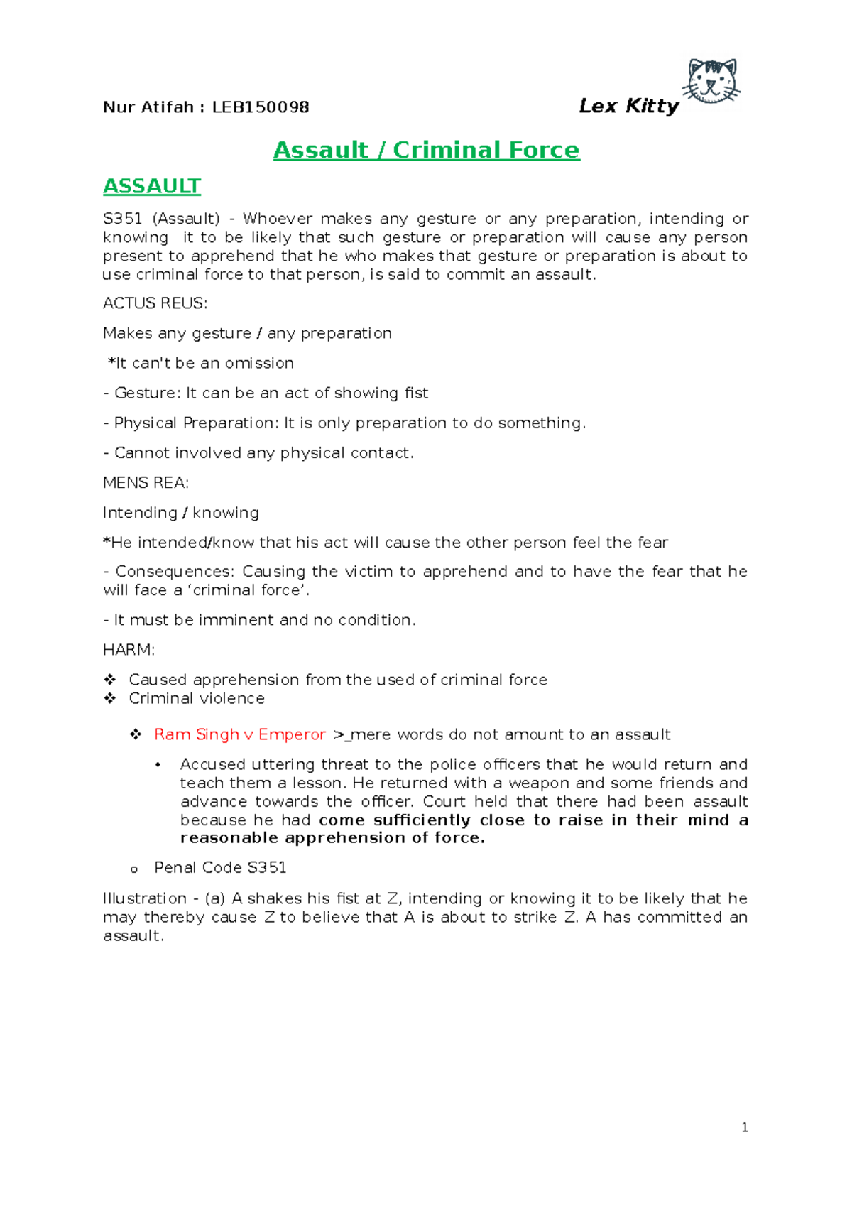 EFA Personal Criminal 2 Notes - Assault / Criminal Force ASSAULT S351 ...