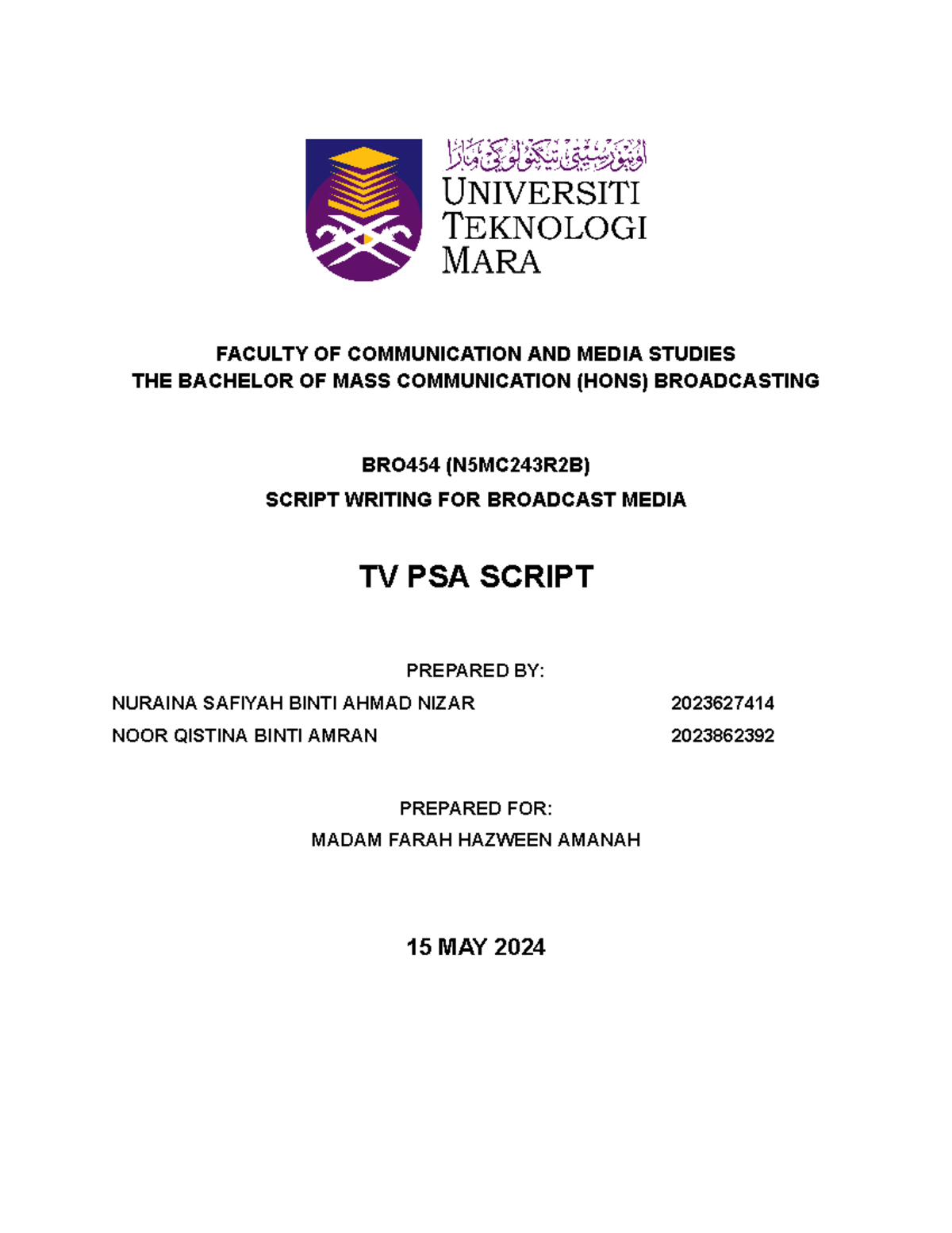TV Public Service Announcement Script - FACULTY OF COMMUNICATION AND ...