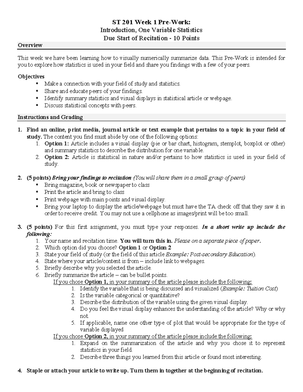 Week 1 Recitation Pre-Work-1 - ST 201 Week 1 Pre-Work: Introduction ...