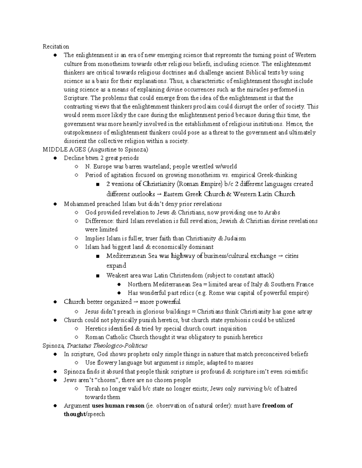 T&I Notes Post-Midterm - Recitation The enlightenment is an era of new ...