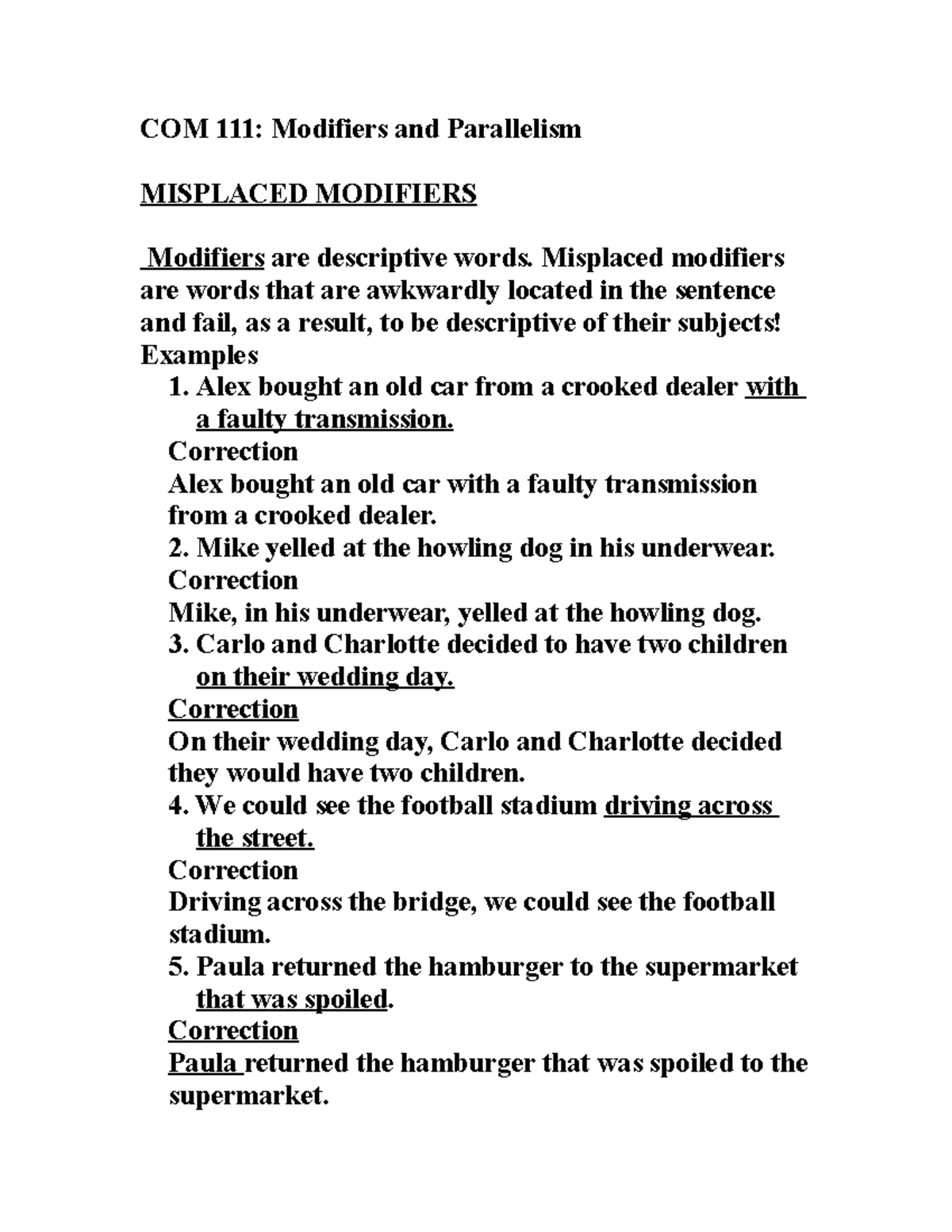 COM 111 Modifiers and Parallelism l Doc. 1 - COM 111: Modifiers and ...