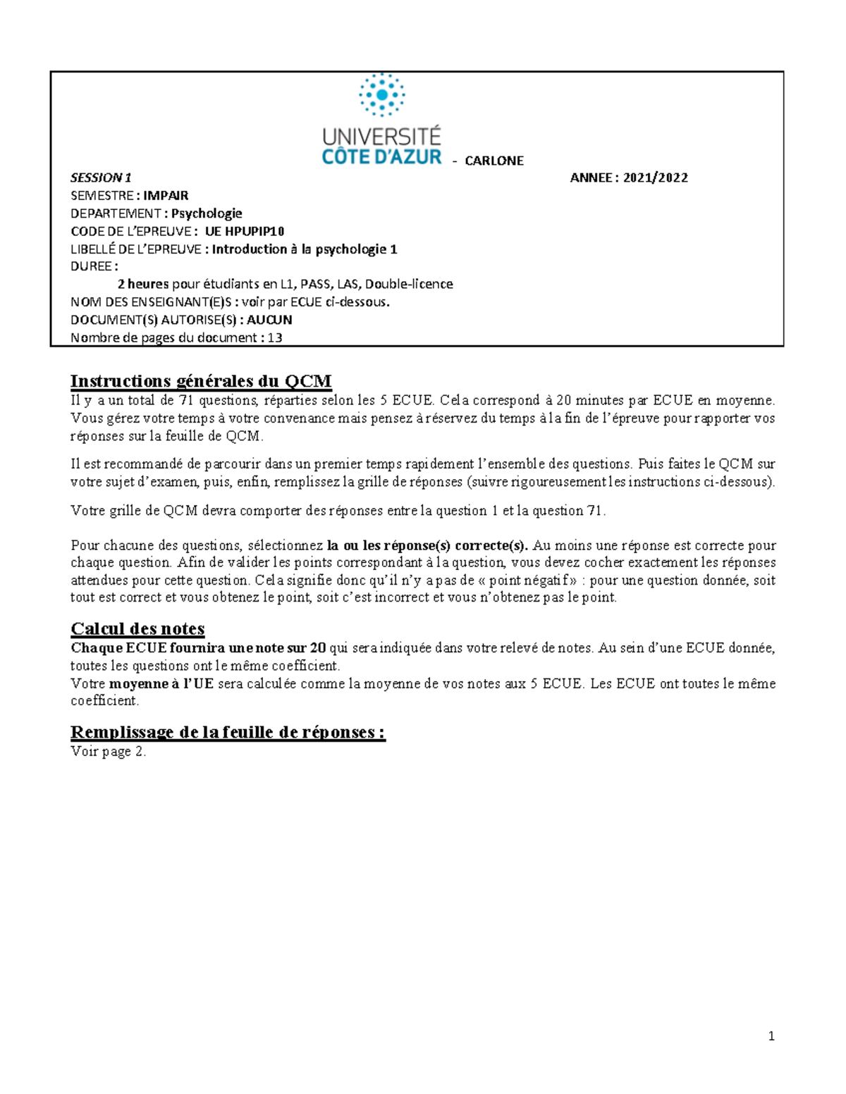 Annales Corrections QCM L1 2021-22 Session 1 PSY SOC - CARLONE SESSION 1 ANNEE : 2021/ SEMESTRE ...