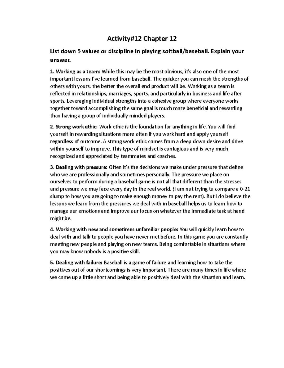 Activity 12 Chapter 12 - Activity#12 Chapter 12 List down 5 values or ...