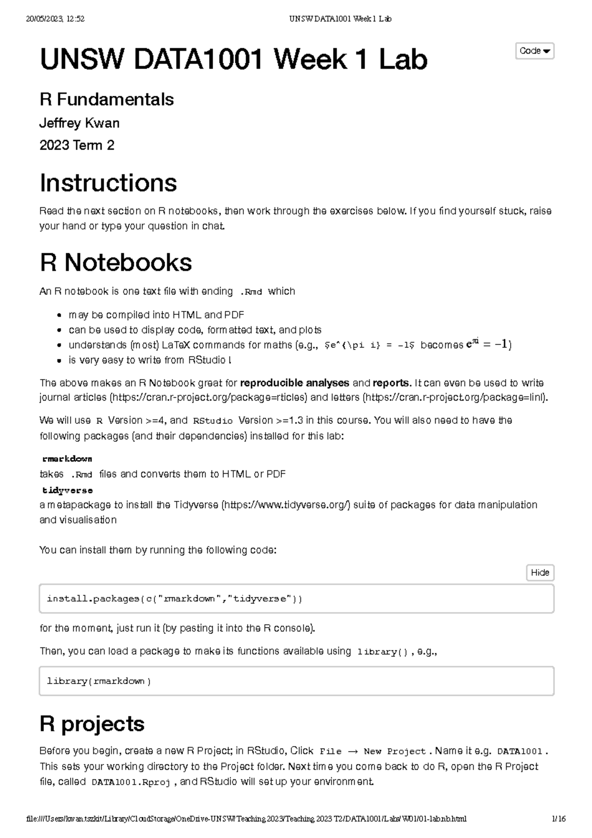01-lab - UNSW DATA1001 Week 1 Lab R Fundamentals Jeffrey Kwan 2023 Term ...