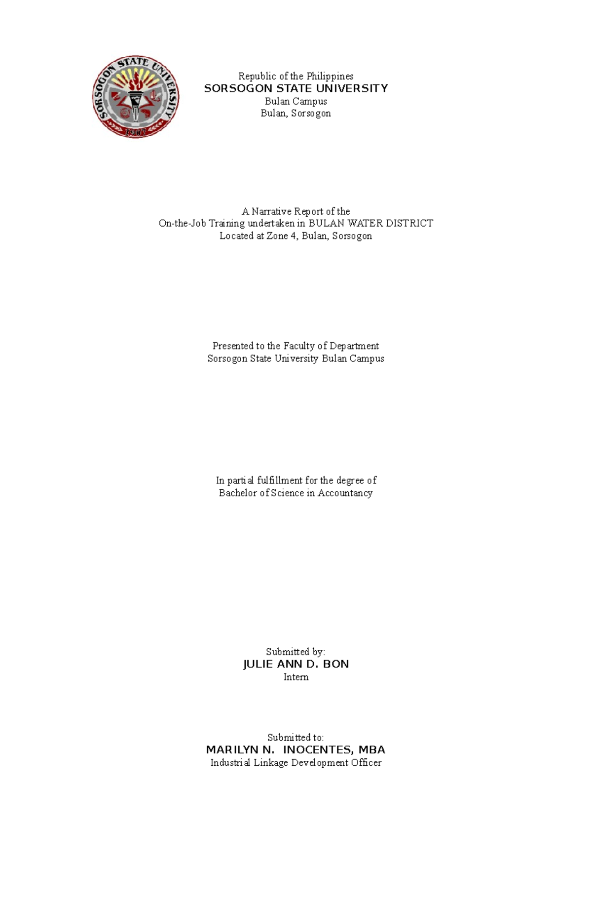 OJT Narrative Report - Republic of the Philippines SORSOGON STATE ...