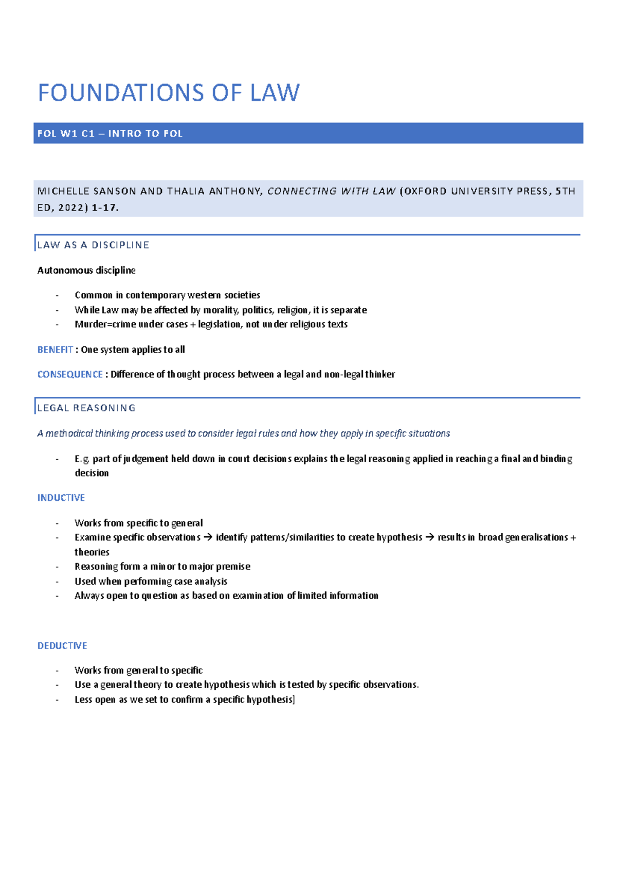 Foundations of Law - essay - FOUNDATIONS OF LAW FOL W1 C1 – INTRO TO ...