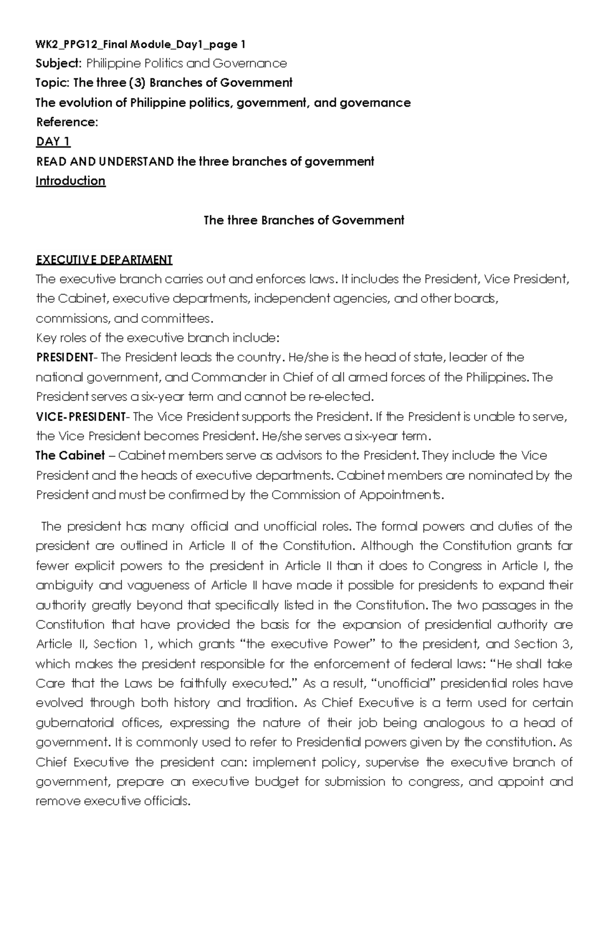 Politics and Governance 12 Final WK2 Module - Subject: Philippine ...