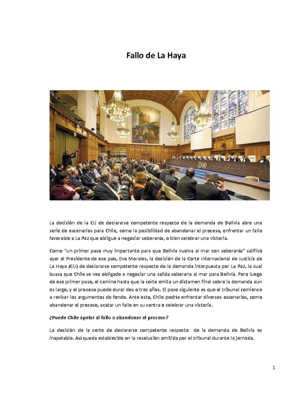 Fallo de La Haya - Como “un primer paso muy importante para que Bolivia ...