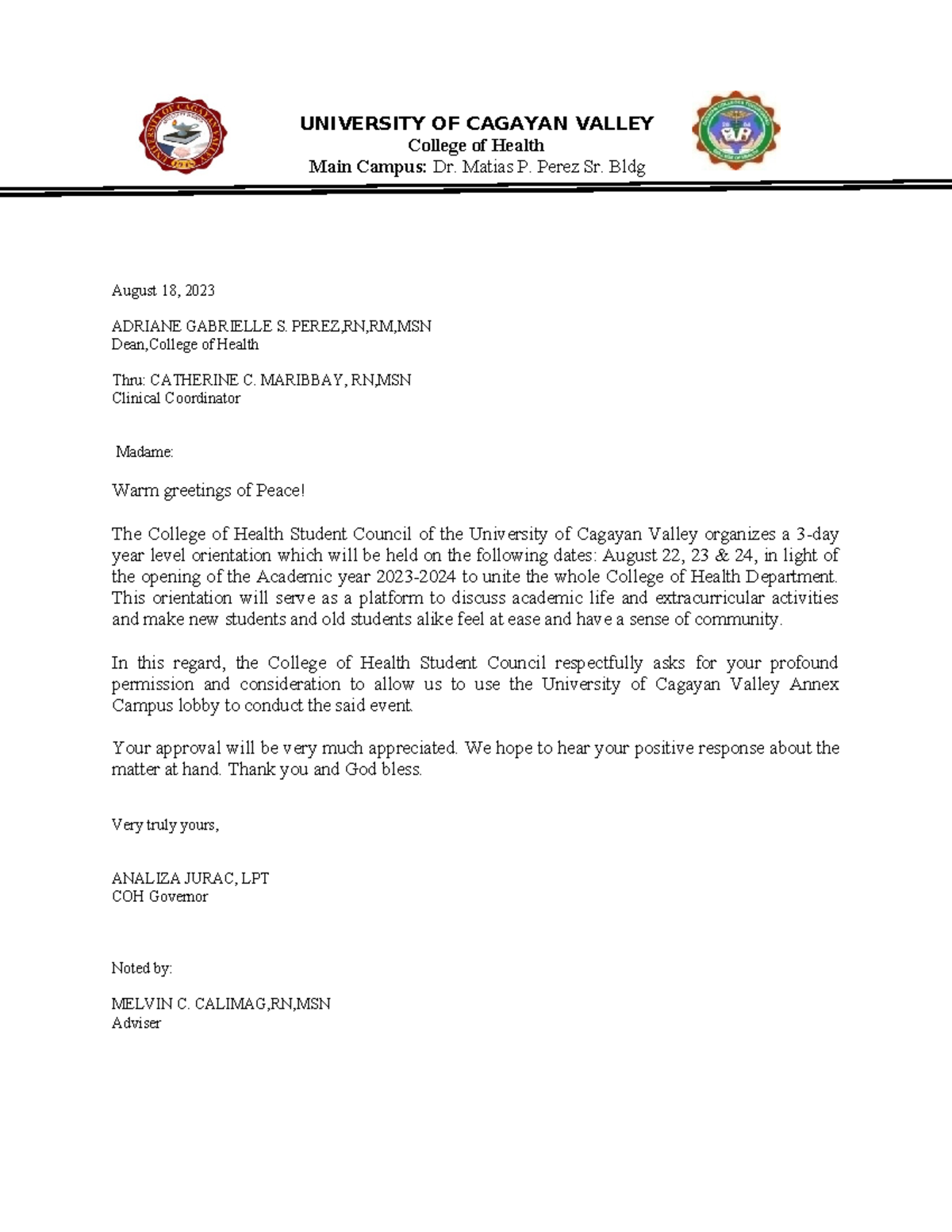 Orientation Letter - Uuuu - UNIVERSITY OF CAGAYAN VALLEY College of ...