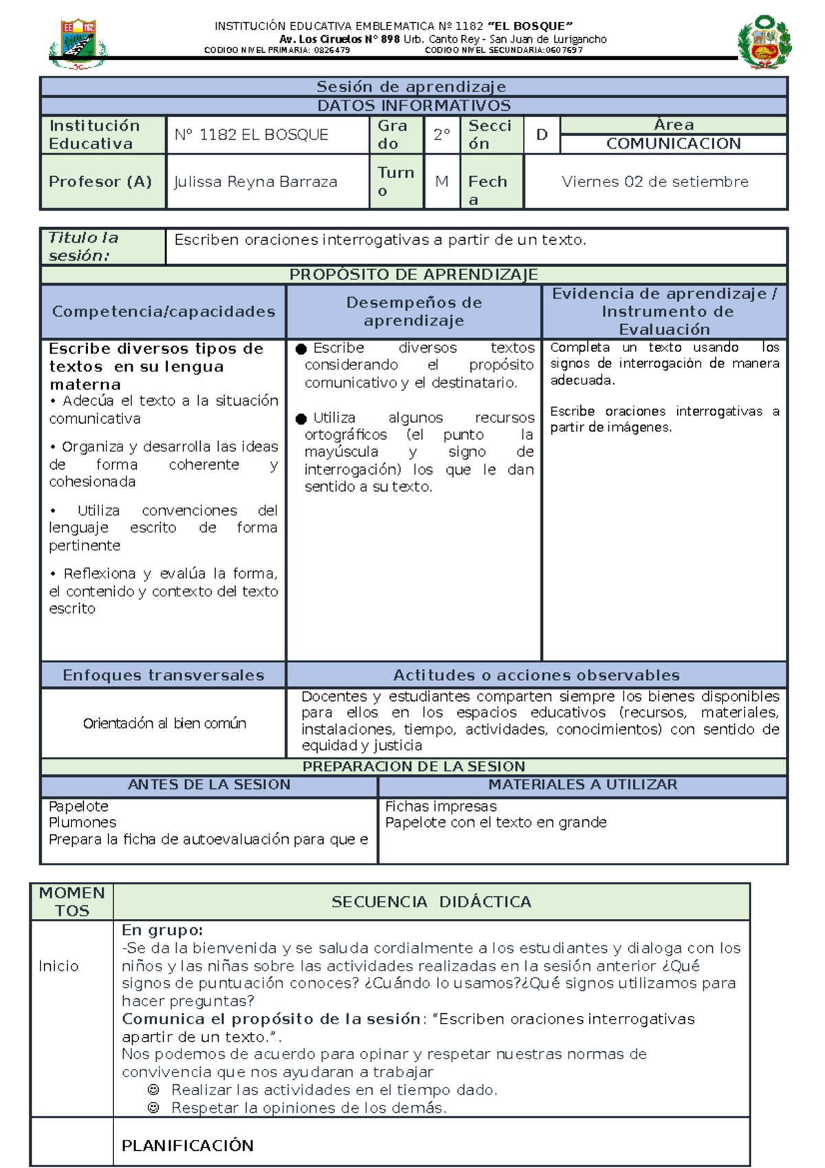Escriben oraci - ####### Av. Los Ciruelos Nº 898 Urb. Canto Rey – San ...