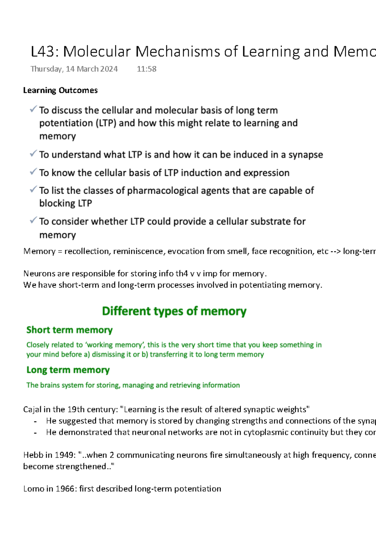 Molecular Mechanisms of Learning and Memory - Learning Outcomes Memory ...