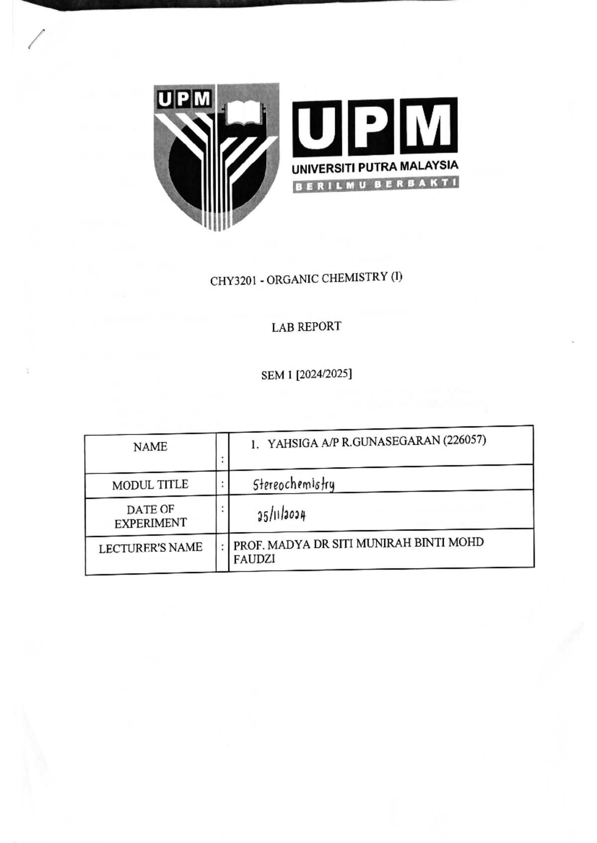 CHY 3201 Module 6 - Stereochemistry - UPM UPM UNIVERSITI PUTRA MALAYSIA BERILMU BERBAKTI CHY3201 ...