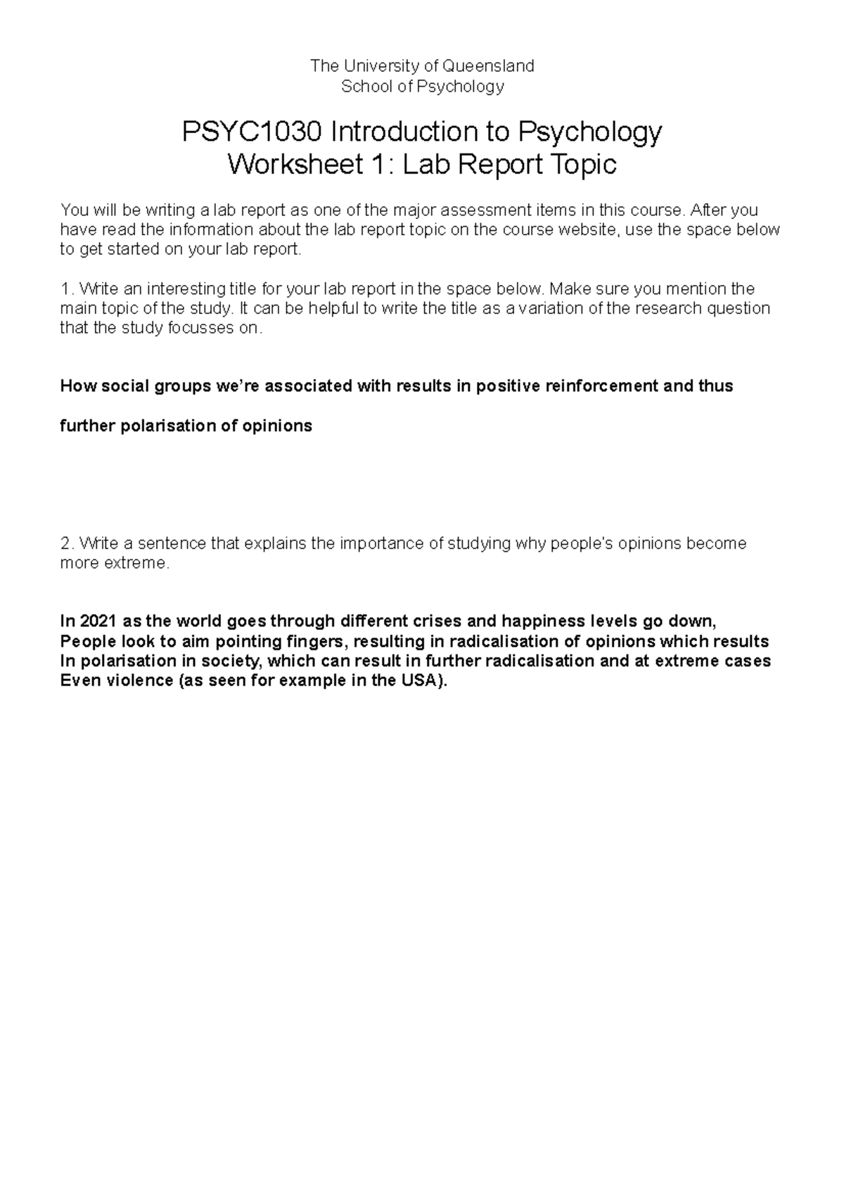 Worksheet 1 week 1 psyc1030 - The University of Queensland School of ...