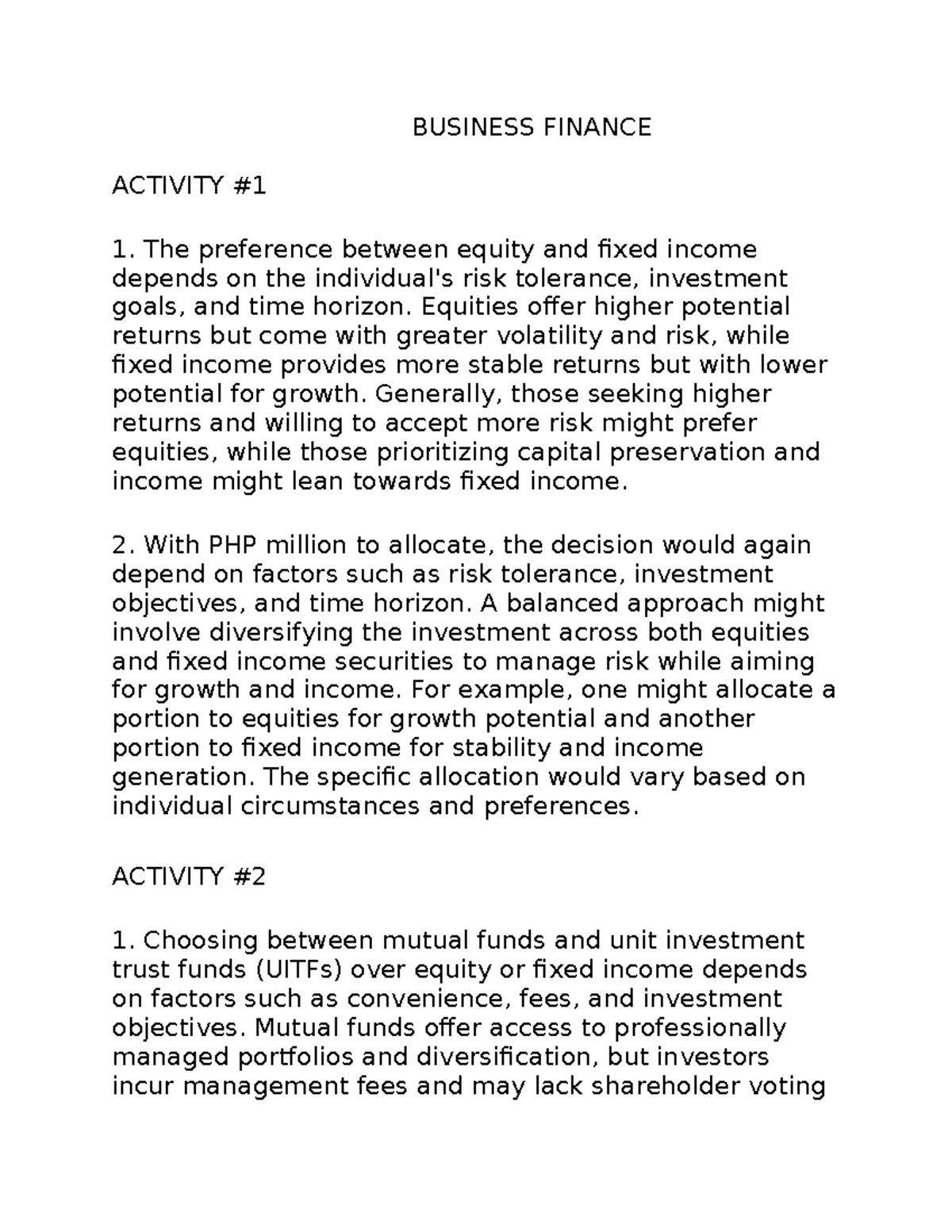 Business-finance - assignment - BUSINESS FINANCE ACTIVITY The ...