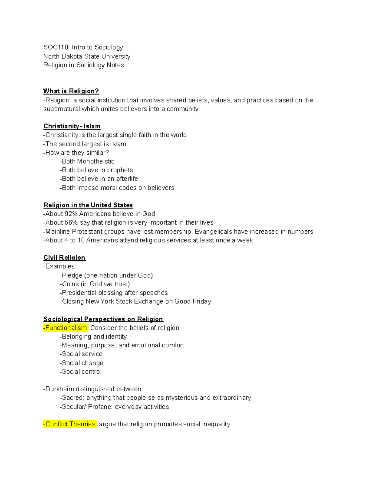 Religion in Sociology - SOC110: Intro to Sociology North Dakota State ...