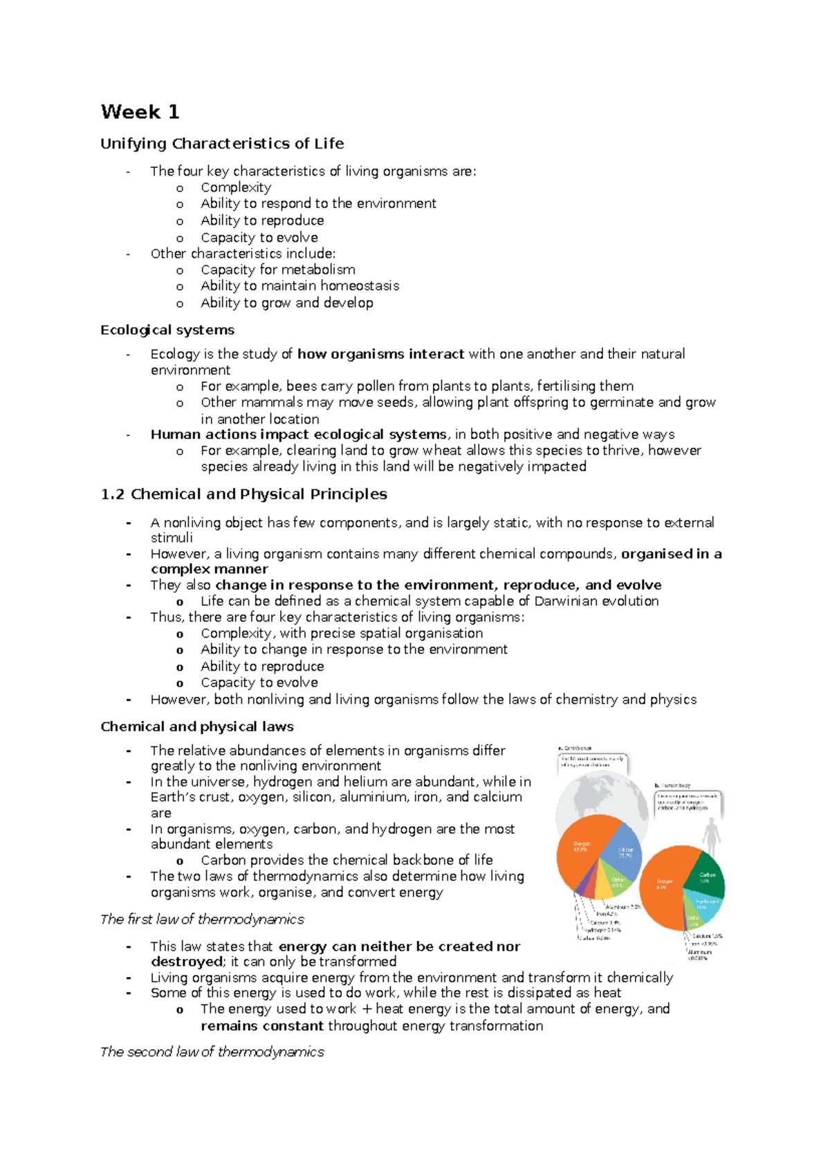 BIO1011 Week 1 Notes - Week 1 Unifying Characteristics of Life The four ...