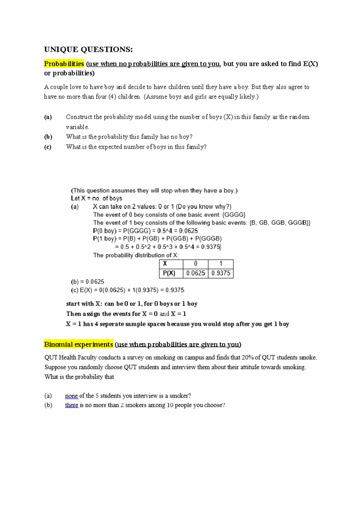 All Possible Questions - UNIQUE QUESTIONS: Probabilities (use when no ...