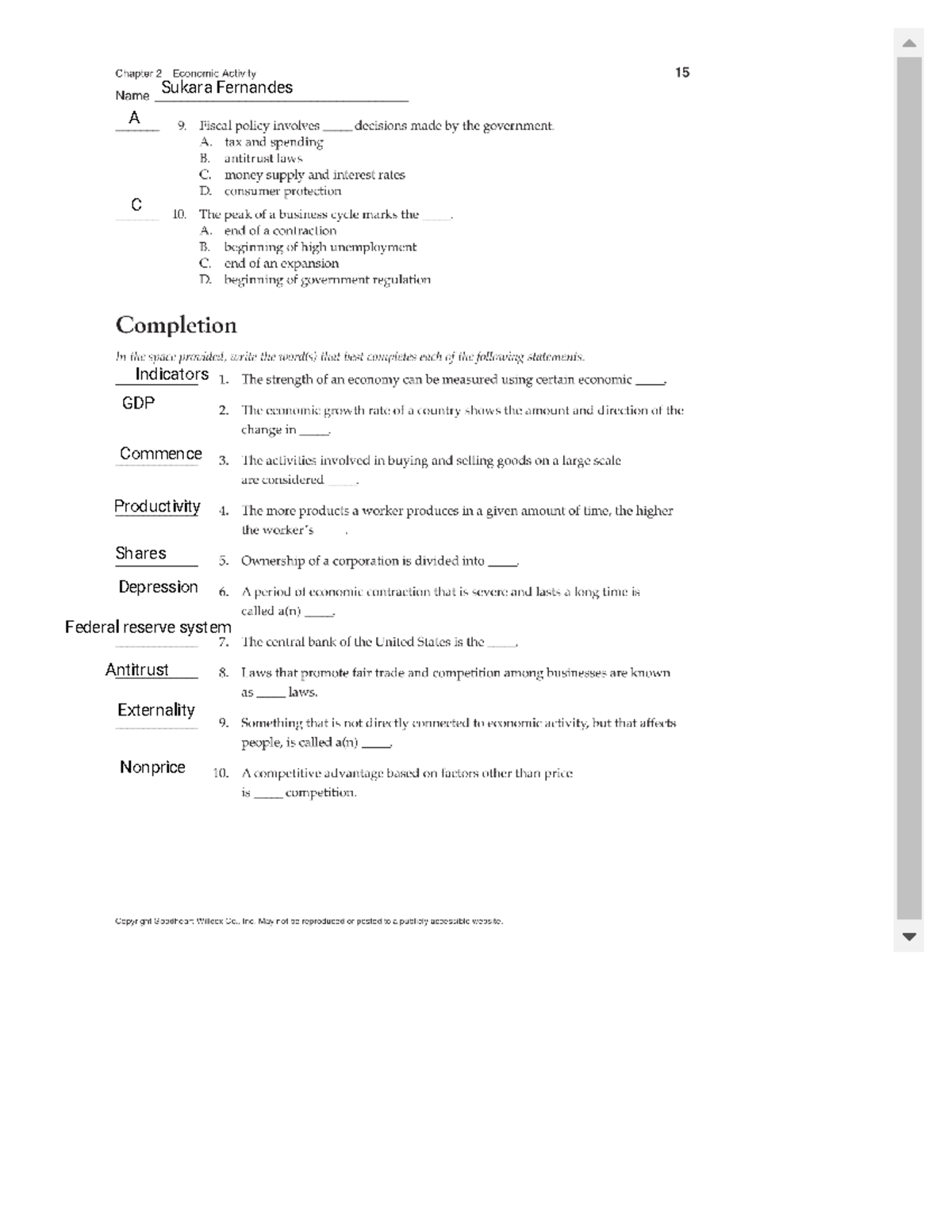 PBMF Comletion.Multiple Choice 2 - Chapter 2 Economic Activity 15 Name ...