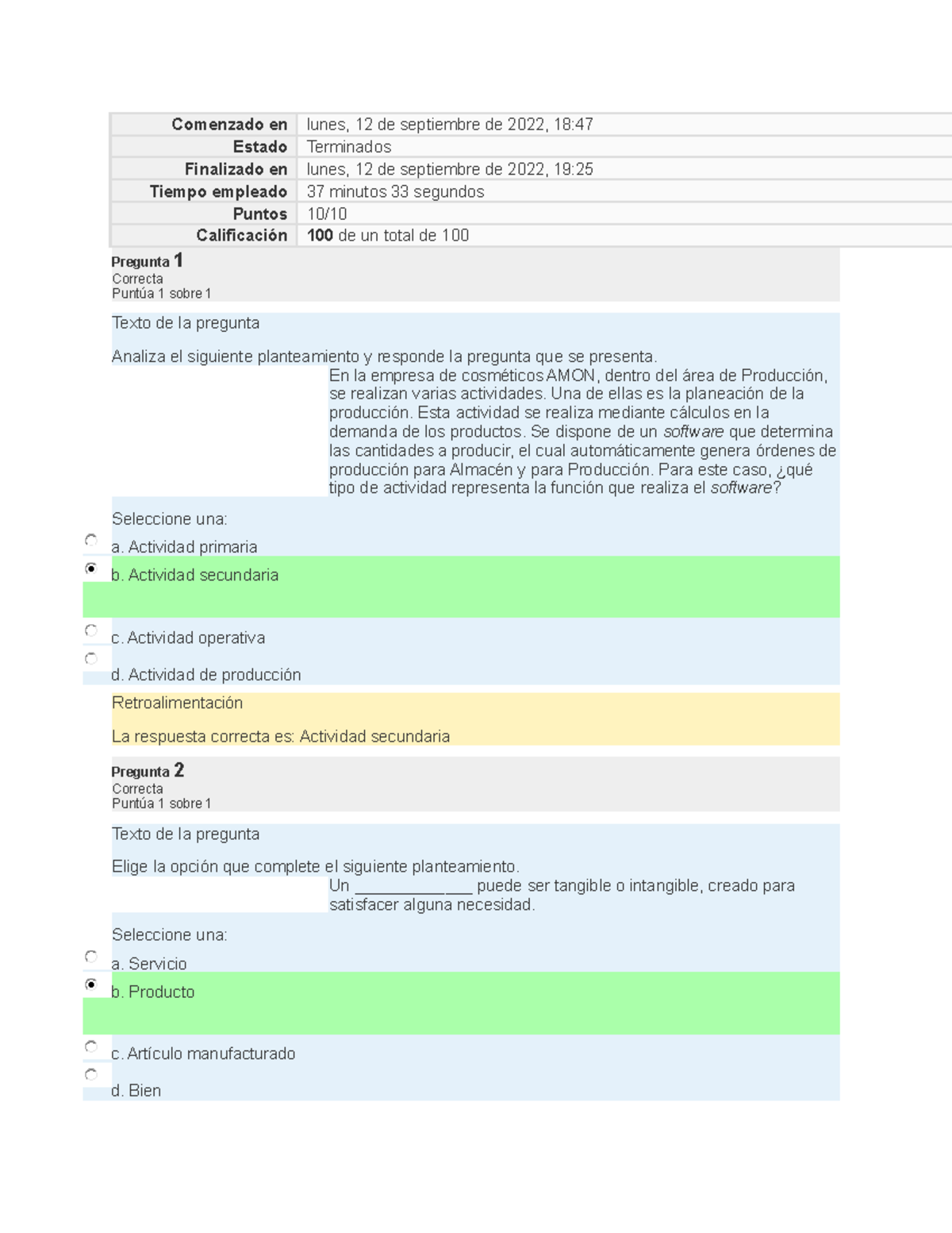 EA2. Bienes, servicios y cadena de valor- Examen - Comenzado en lunes, 12 de septiembre de 2022 ...