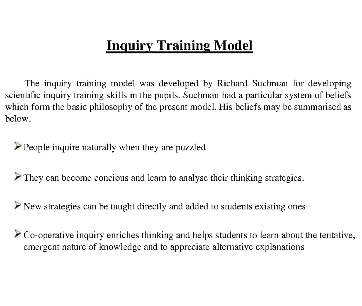 Inquiry Training Model - Suchman had a particular system of beliefs ...