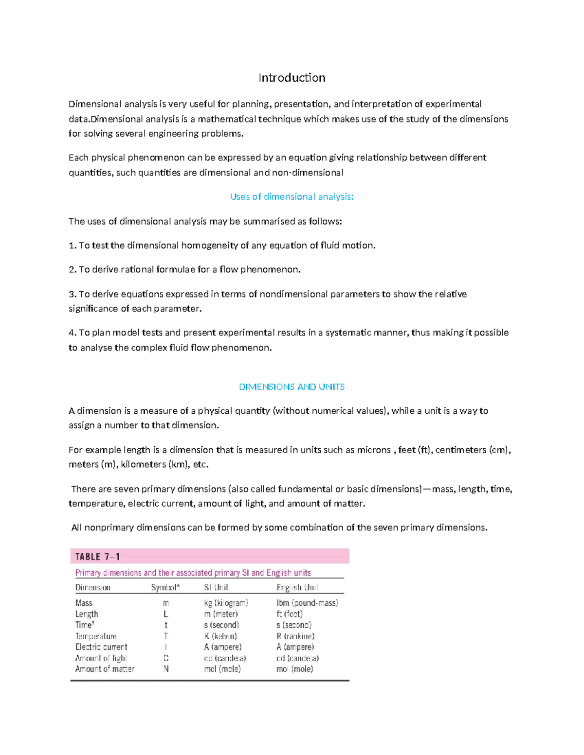 Fluid mechanics assignment - Introduction ####### Dimensional analysis ...