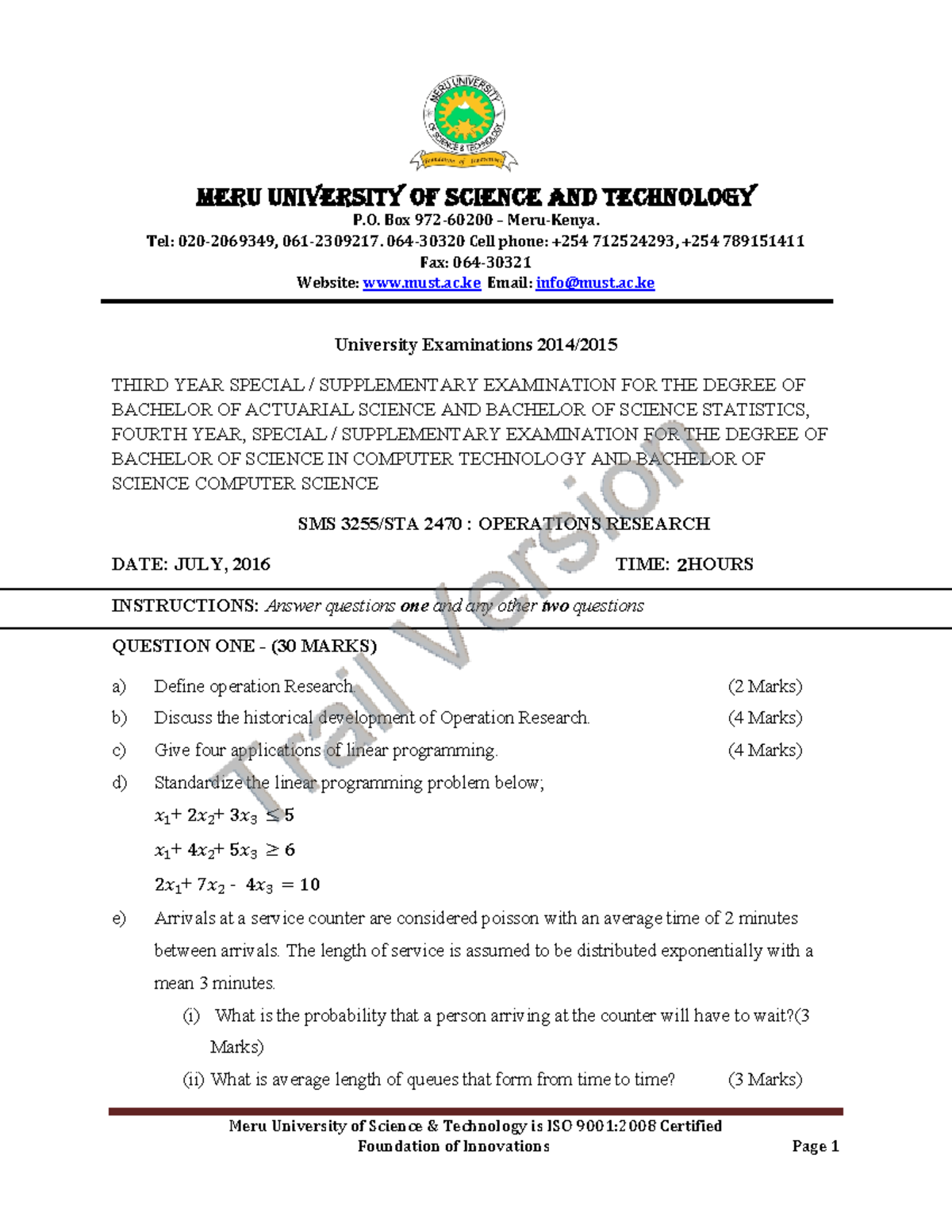 SMS 3255STA 2470 Operations Research - Meru University of Science ...