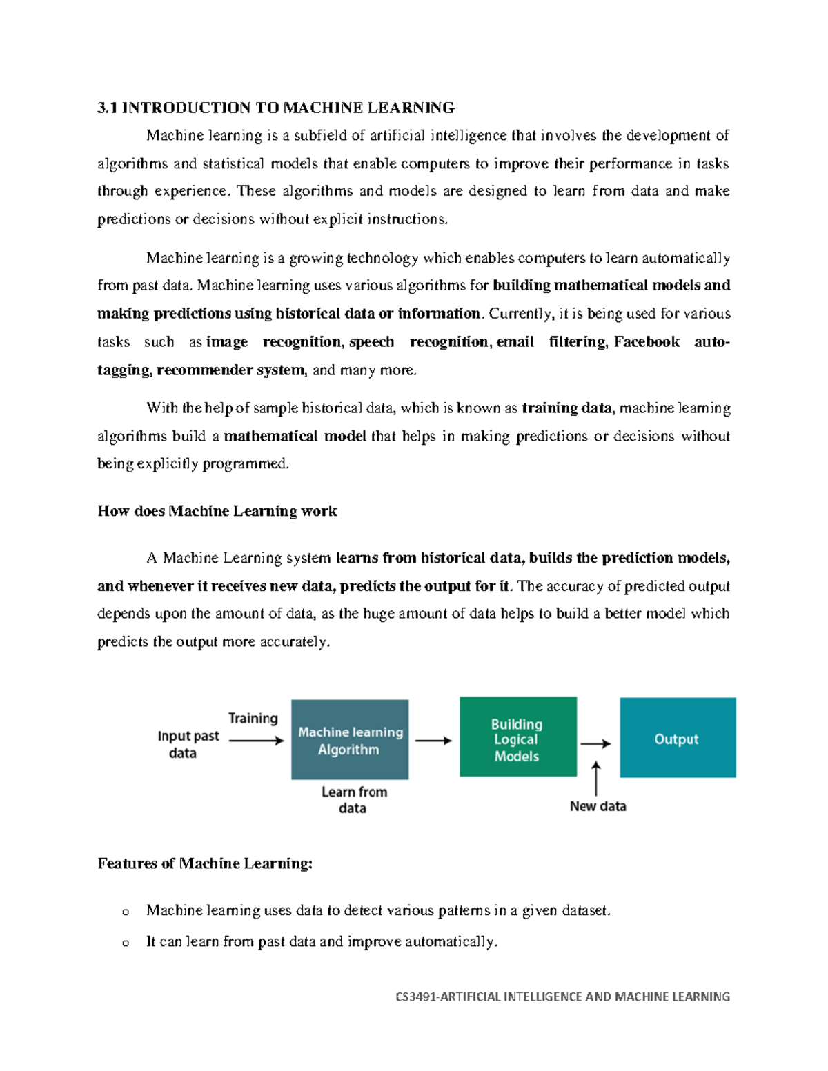 Unit 3 1 Aiml Notes 3 Introduction To Machine Learning Machine Learning Is A Subfield Of