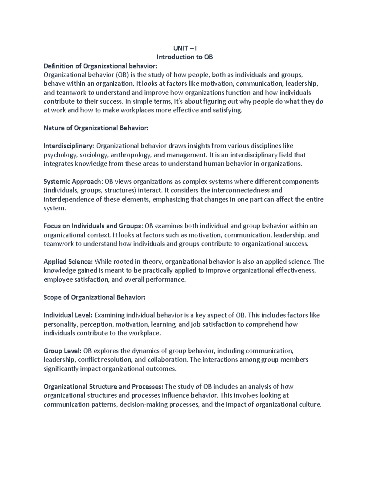 OB UNIT I - UNIT – I Introduction to OB Definition of Organizational behavior: Organizational ...