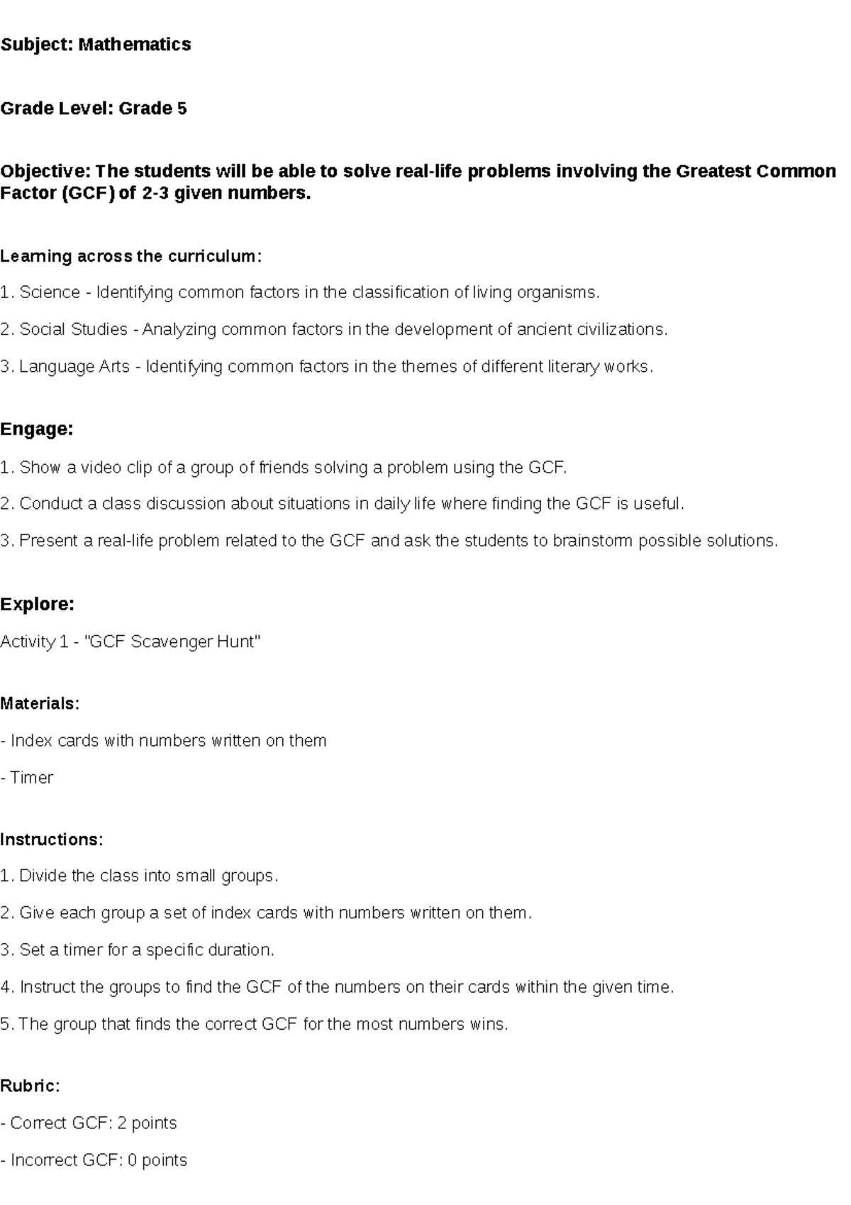 Lesson plan - GCF AND LCM - Subject: Mathematics Grade Level: Grade 5 ...