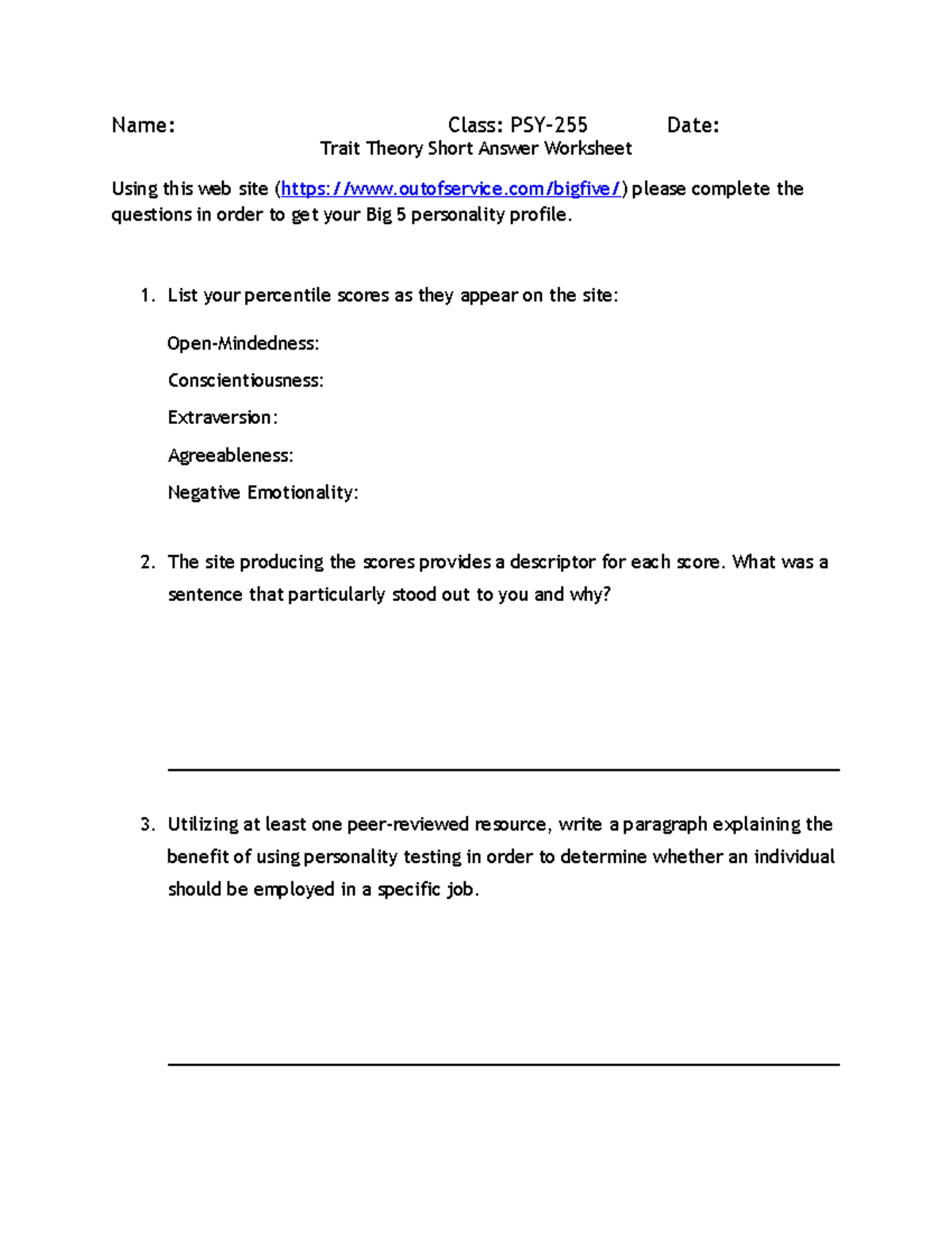 PSY 255 Trait Theory Short Answer Worksheet - Name: Class: PSY-255 Date ...