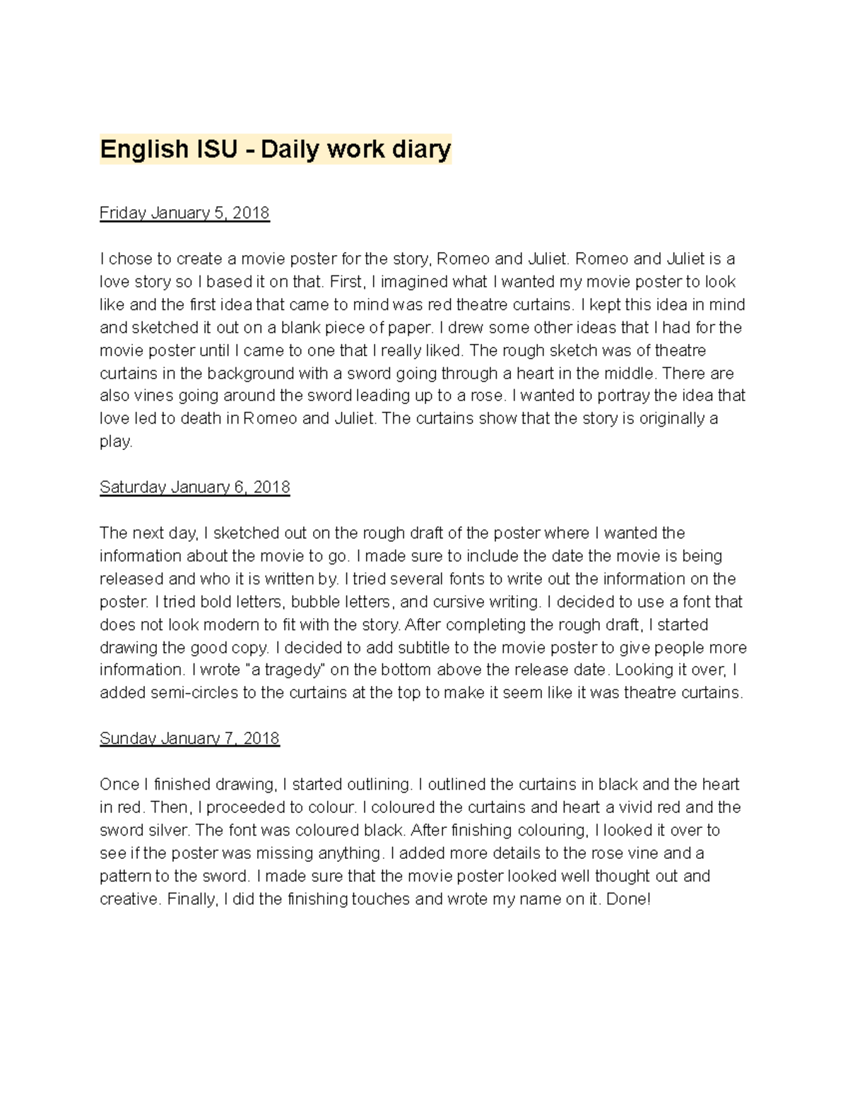 Gr.9 English ISU - Daily work diary - Movie Poster Romeo & Juliet ...