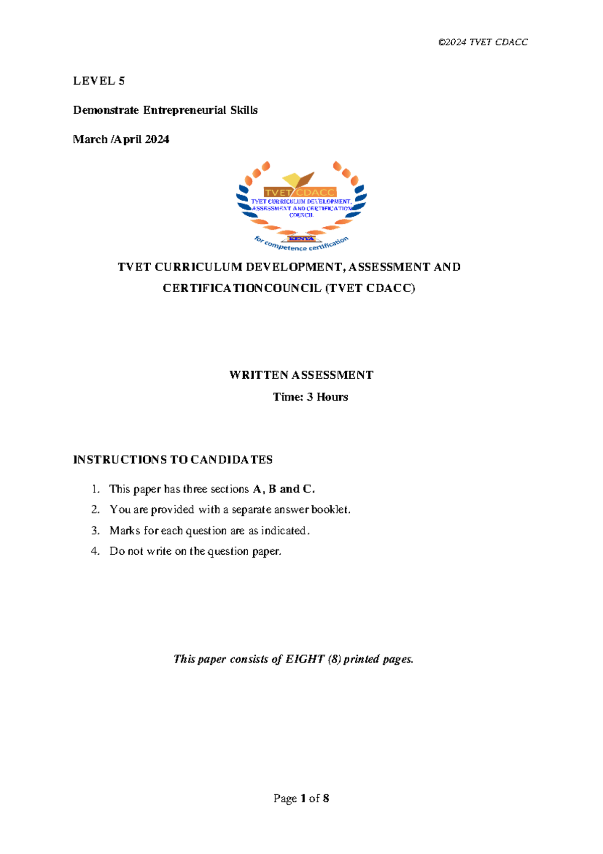 Perioperative level 5 Entrepreneurial skills March 2024 series - LEVEL ...