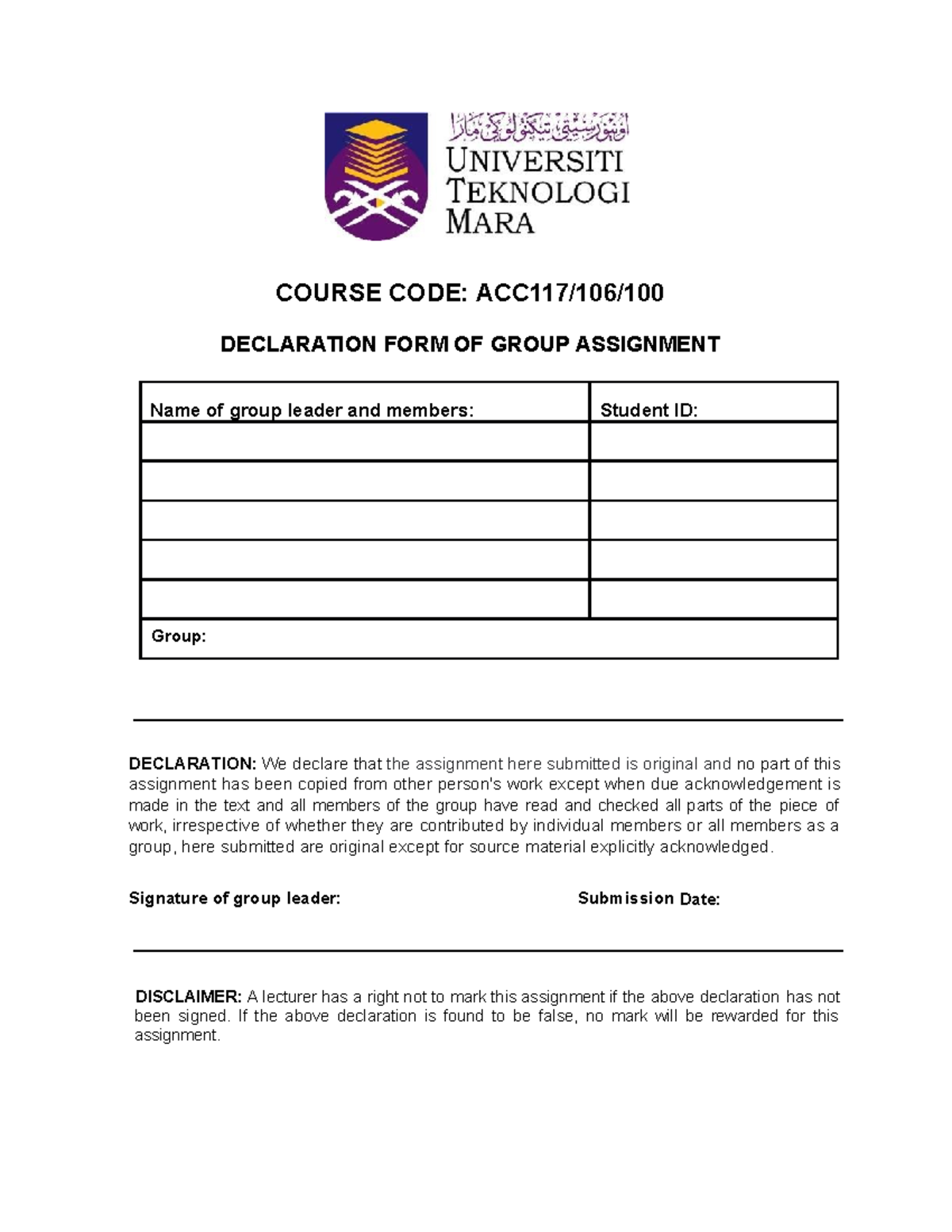 Accounting institution - COURSE CODE: ACC117/106/ DECLARATION FORM OF ...
