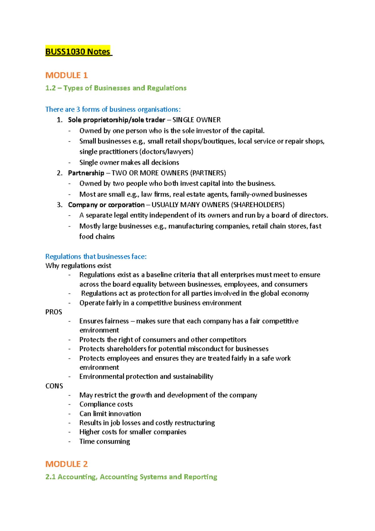 Summarised 1030 notes - BUSS1030 Notes MODULE 1 1 – Types of Businesses ...